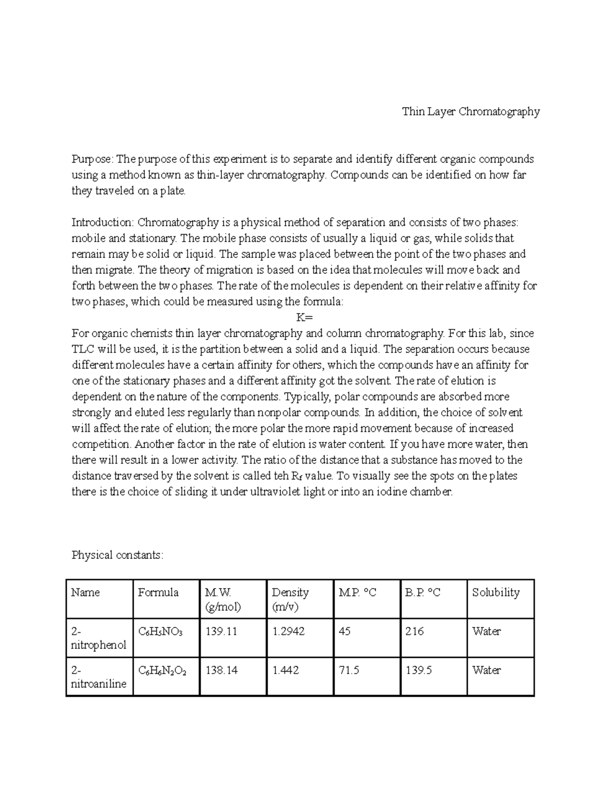 TLC Pre-Lab: Thin Layer Chromatography Experiment Overview - Studocu