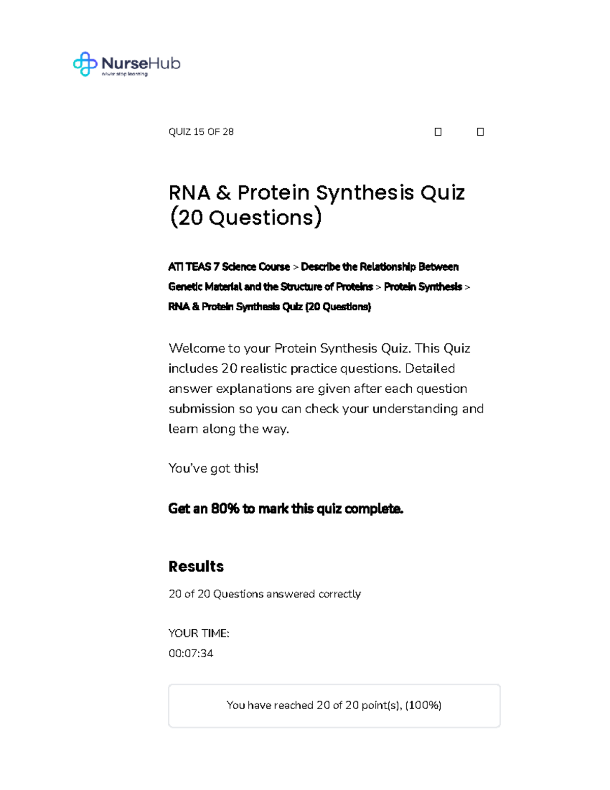 ATI TEAS 7: RNA & Protein Synthesis Quiz (20 Questions) - Studocu