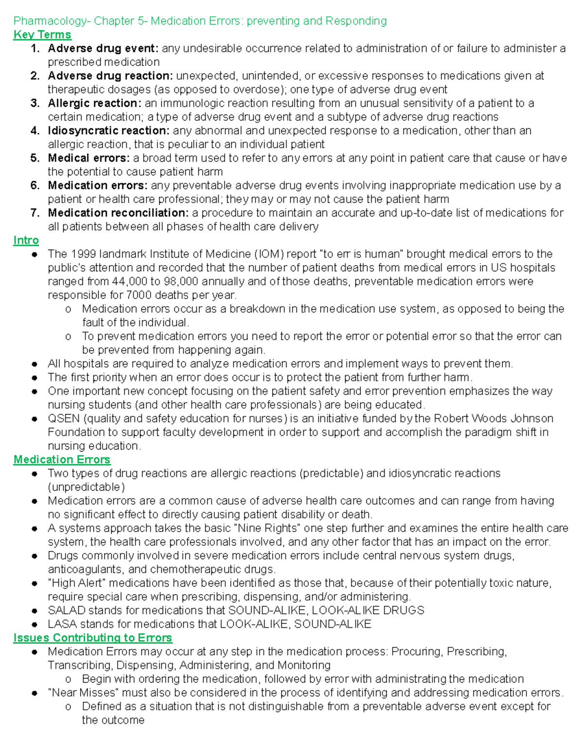 Chapter 5- Medication Errors - Adverse drug event: any undesirable occurrence related to - Studocu