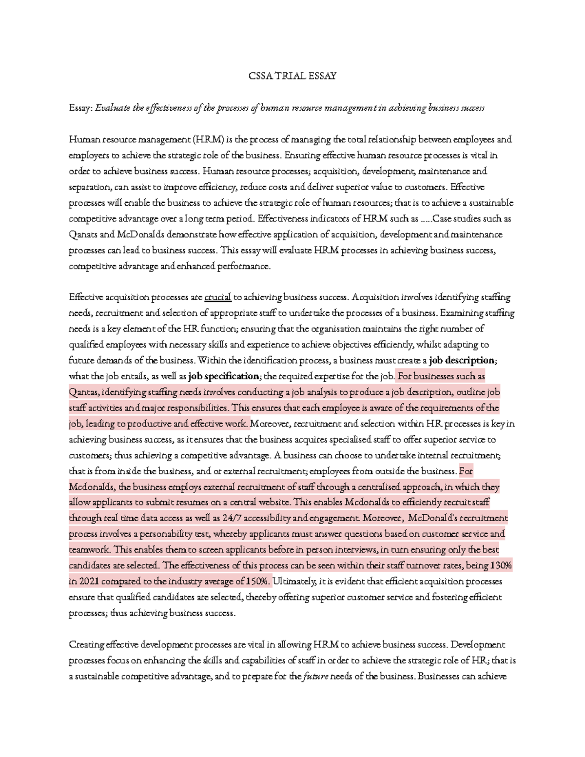 CSSA TRIAL ESSAY: Evaluating HRM Processes for Business Success - Studocu