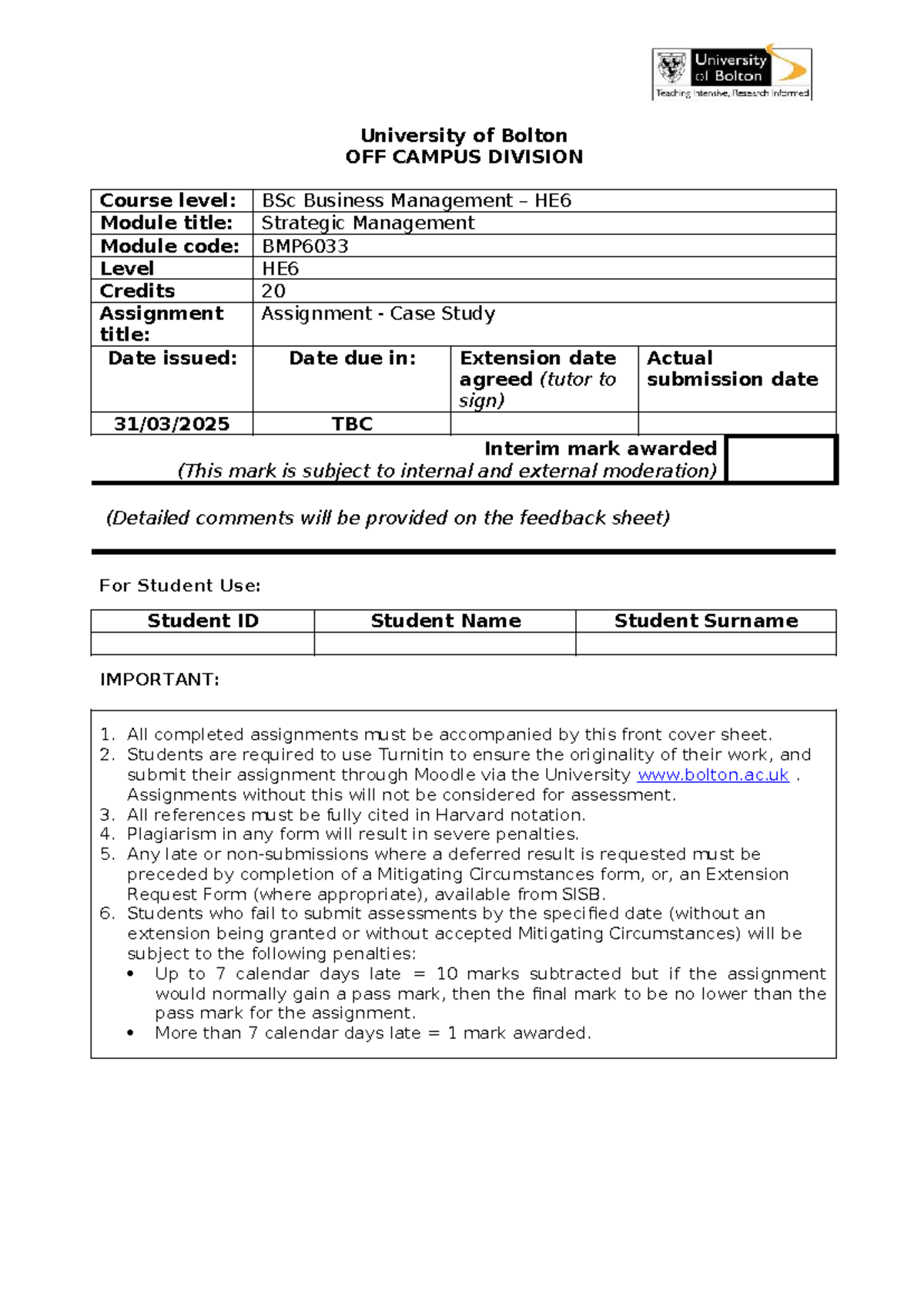 BSc Business Management BMP6033 HE6 Strategic Management Case Study ...