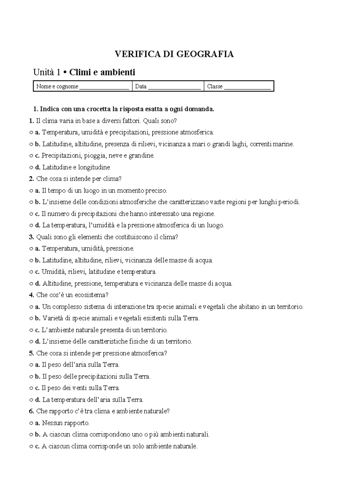 Verifica di Geografia: Climi e Ambienti - Unità 1 - Studocu