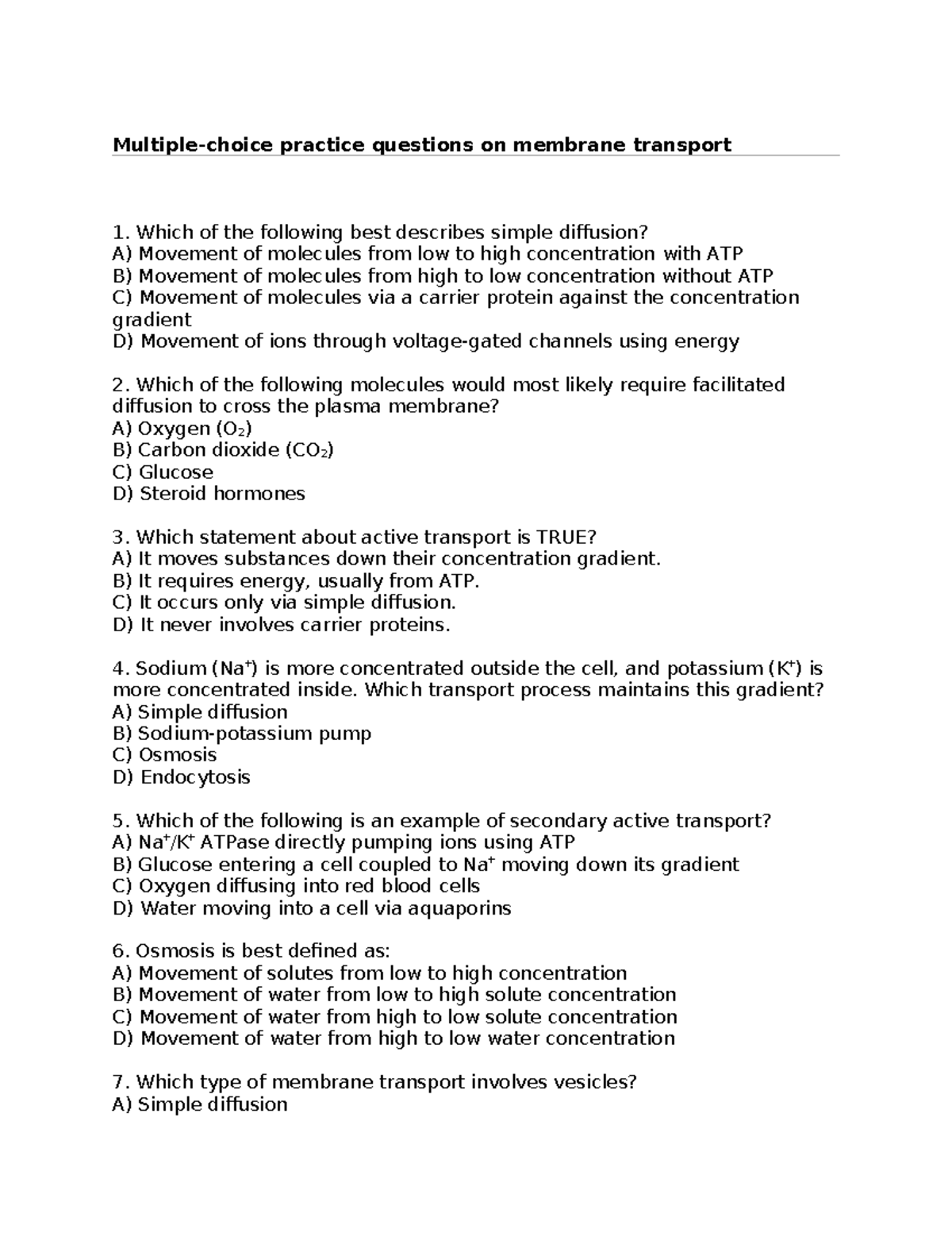 Multiple-Choice Practice Questions on Membrane Transport (BIO 101 ...