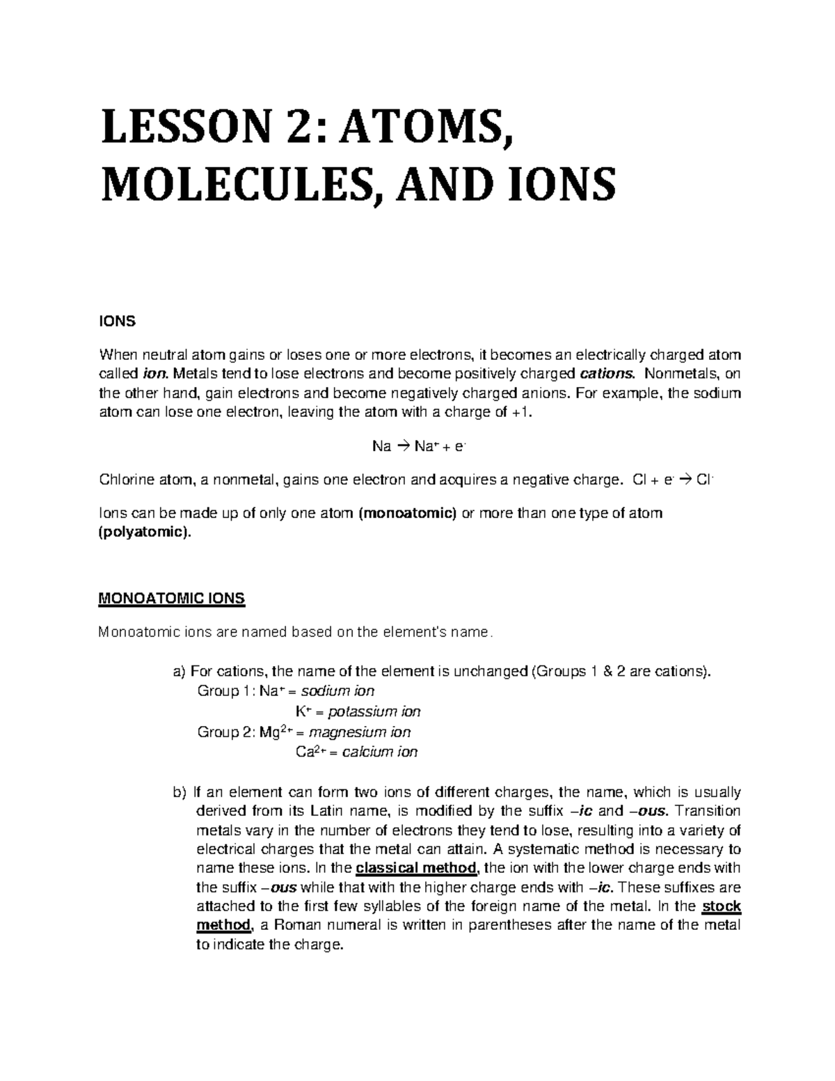Atoms IONS AND Molecules - LESSON 2 : ATOMS, MOLECULES, AND IONS IONS ...