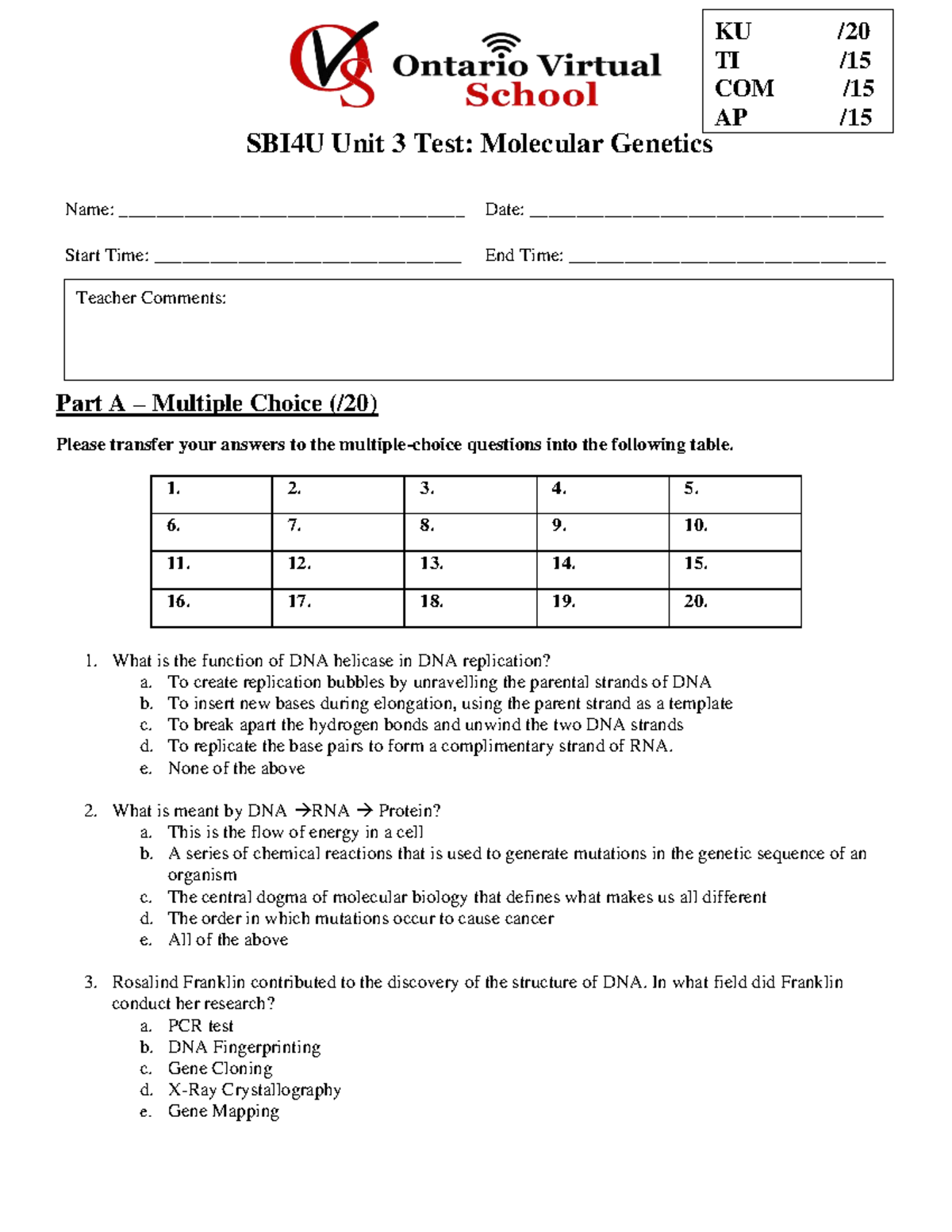 KU TI COM AP SBI4U Unit 3 Test: Molecular Genetics Overview and ...