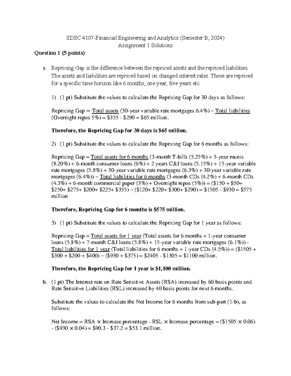 SDSC 4107 Assignment 1 Solutions: Repricing Gap & RAROC Analysis - Studocu