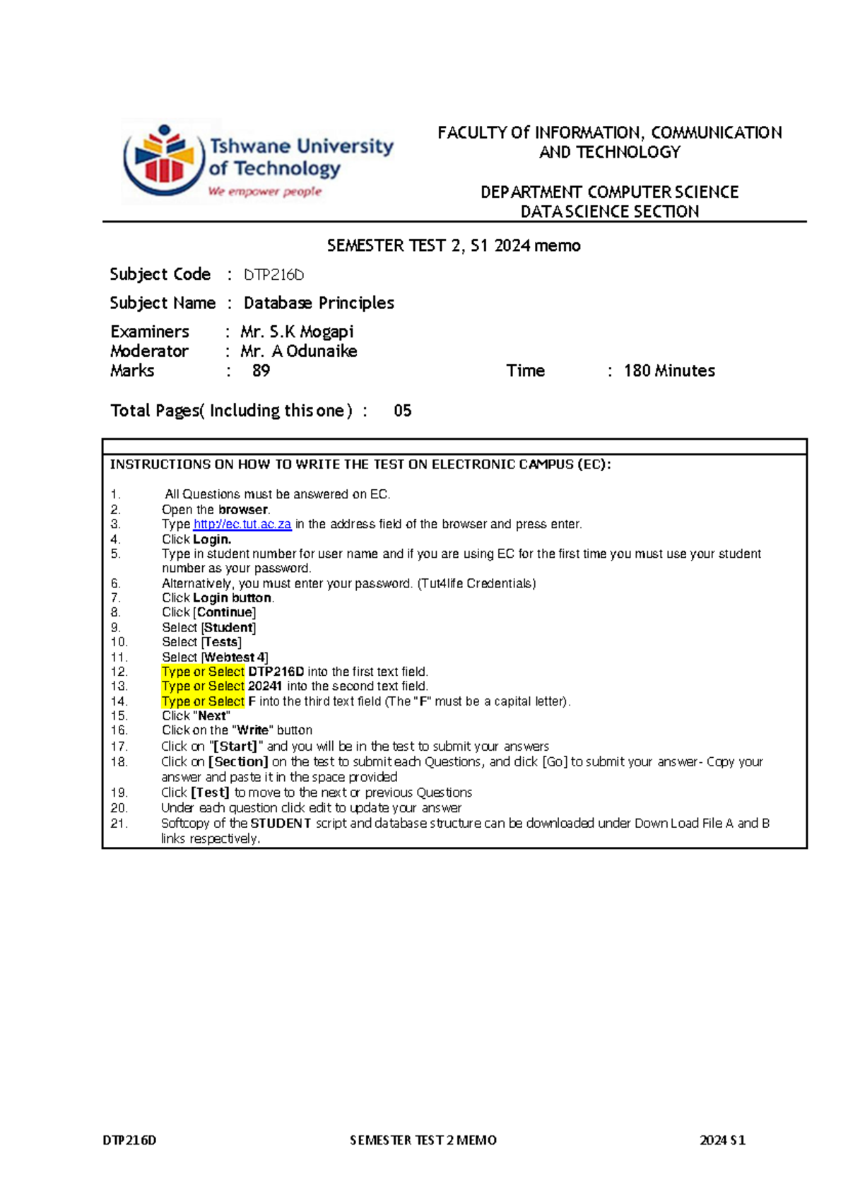 DTP216D - Database Principles Semester TEST 2 Memo 2024 S1 - Studocu