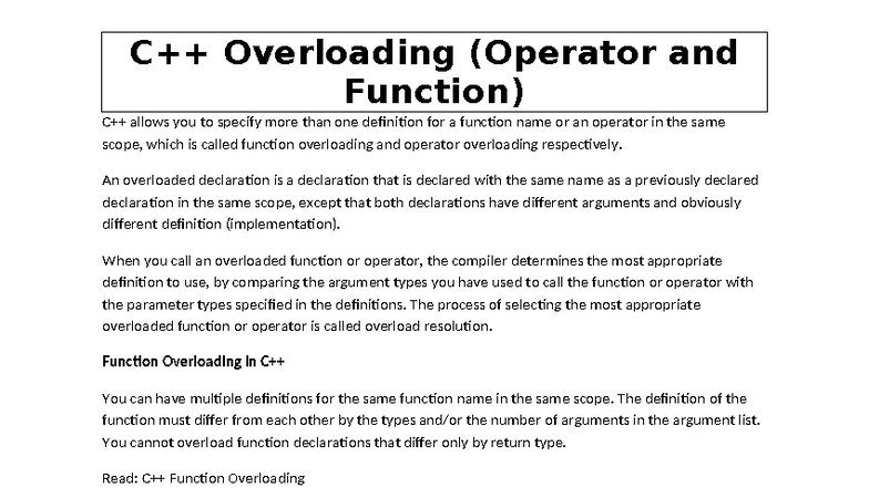 Operator Overloading in C++: Functions & Operators Explained - Studocu