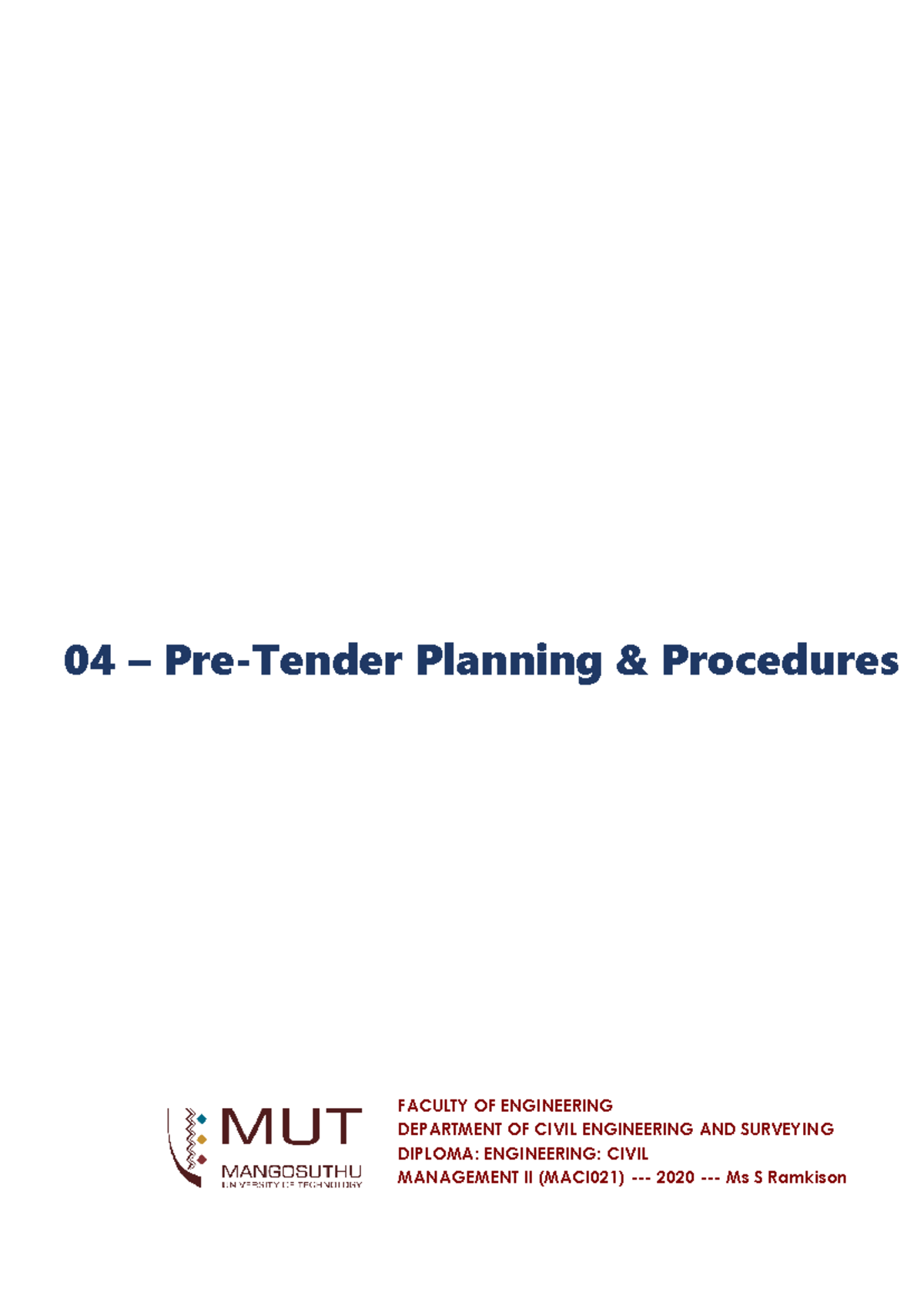 MACI021 - Chapter 4: Pre-Tender Planning and Procedures Overview - Studocu