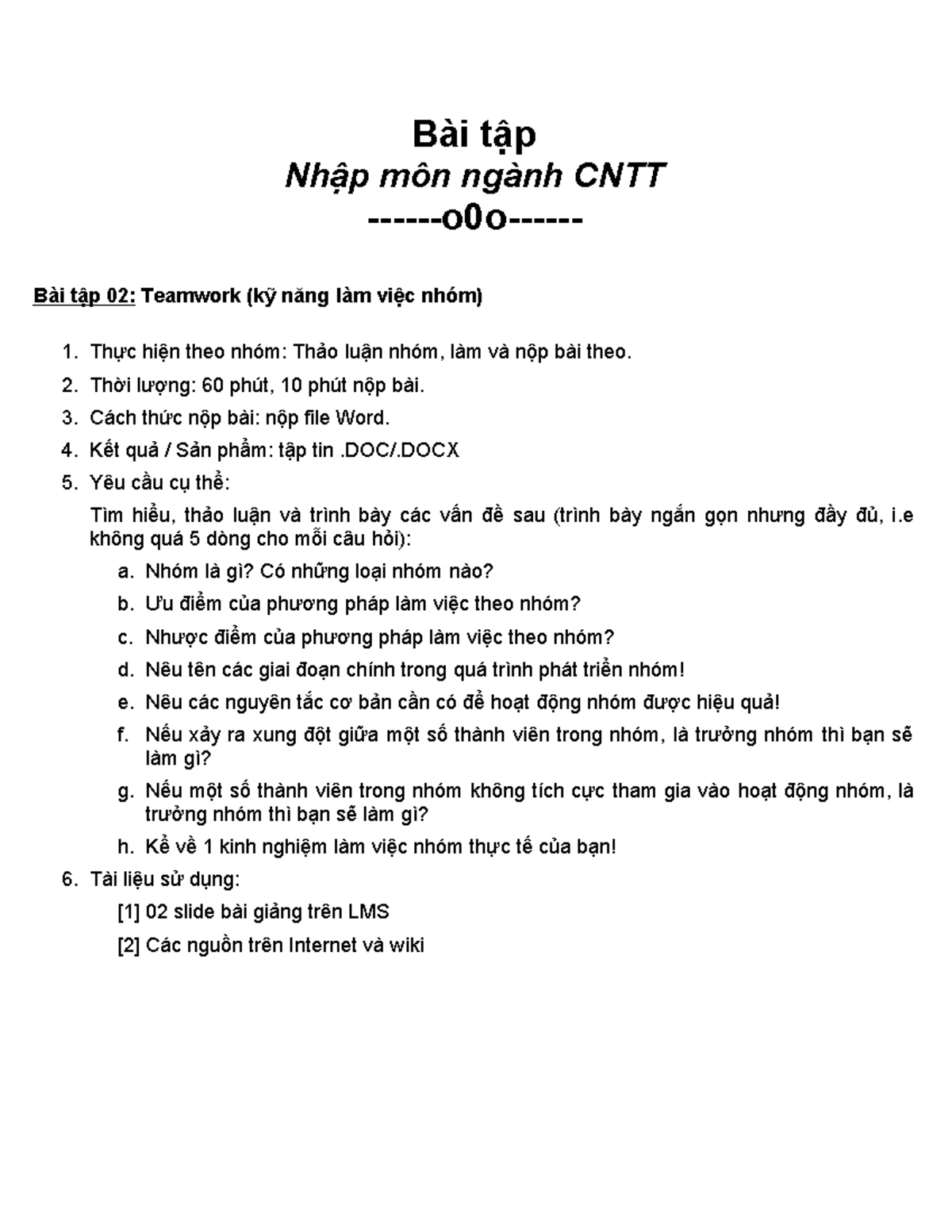 Bài tập CNTT: Teamwork (Kỹ năng làm việc nhóm) - Bài tập 02 - Studocu