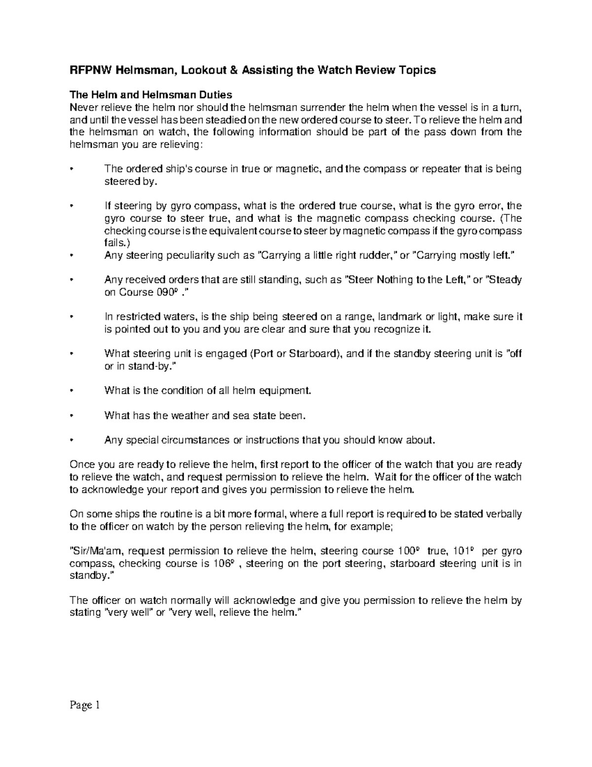 Steering and Helmsman Duties - Review for Training in NAV 101 - Studocu