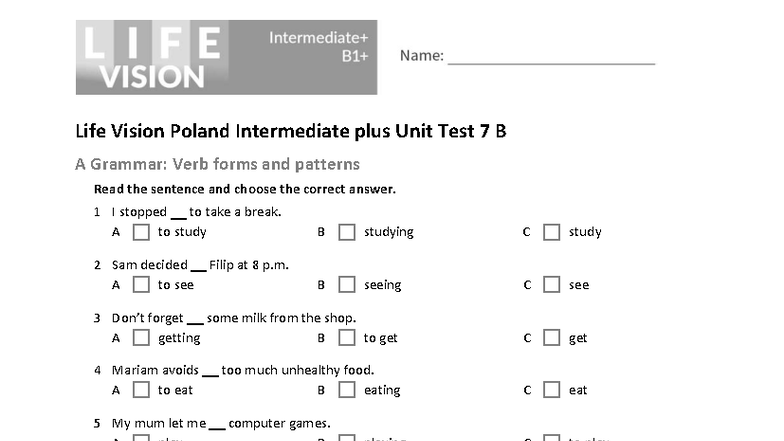 Life Vision Poland Intermediate Plus Unit Test 7B: Grammar & Vocabulary ...