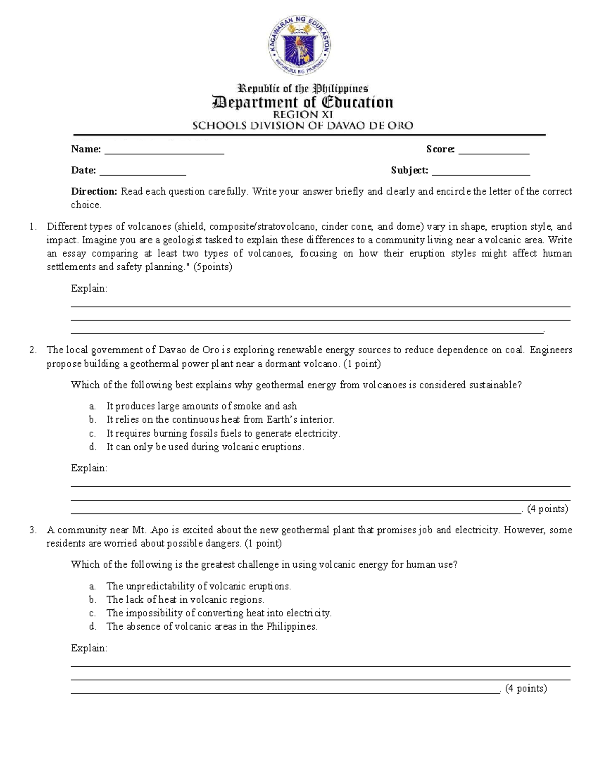 PRE-TEST FOR Q3 - nlnl - Name: ______________________ Score ...