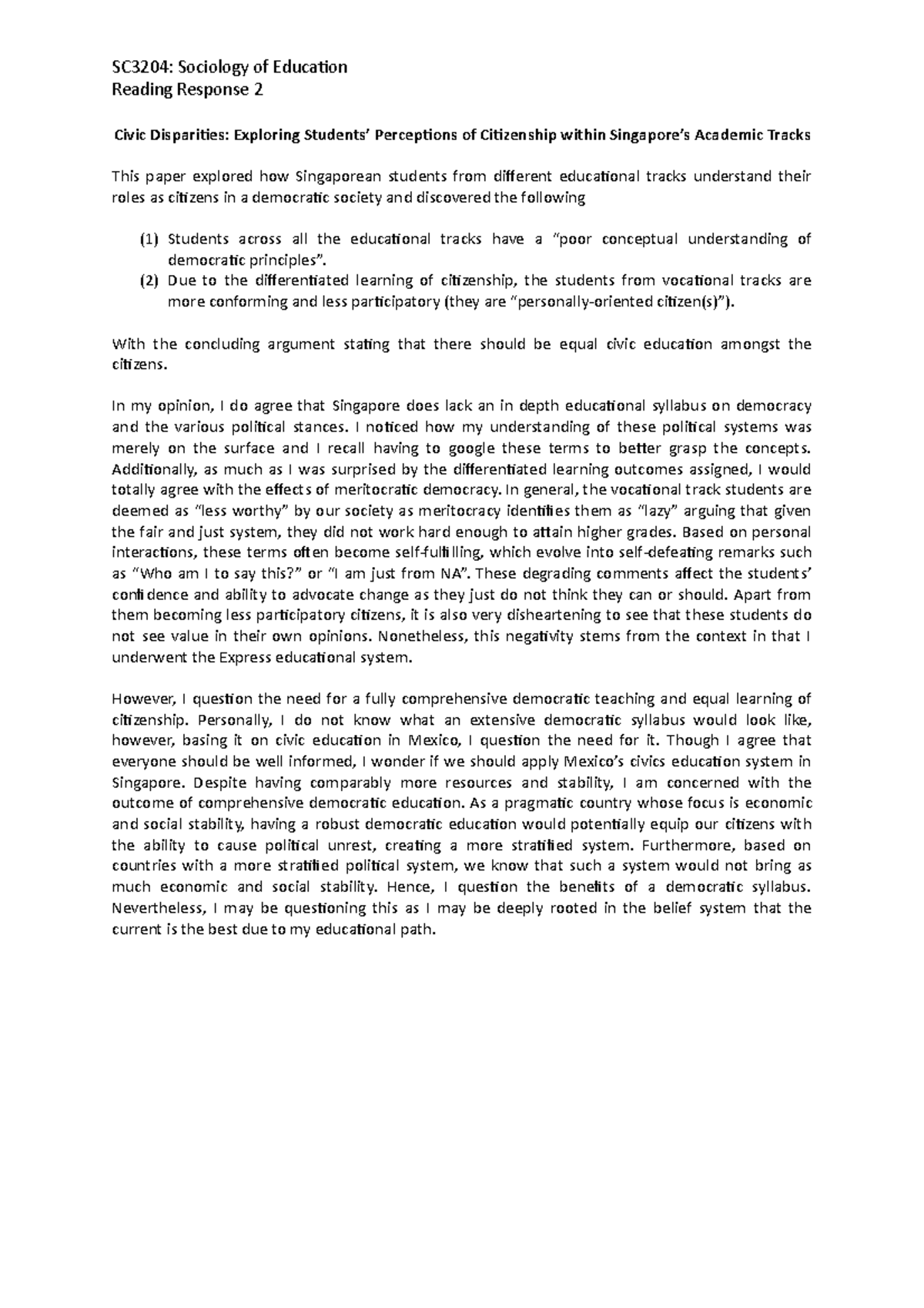 Jane Tng SC3204 Reading Response 2 - SC3204: Sociology of Education ...