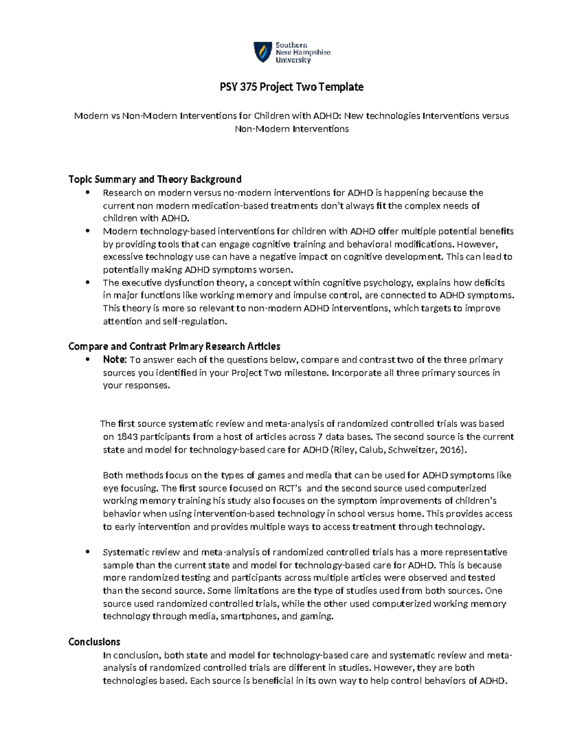PSY 375 Project Two: Modern vs Traditional Interventions for ADHD - Studocu