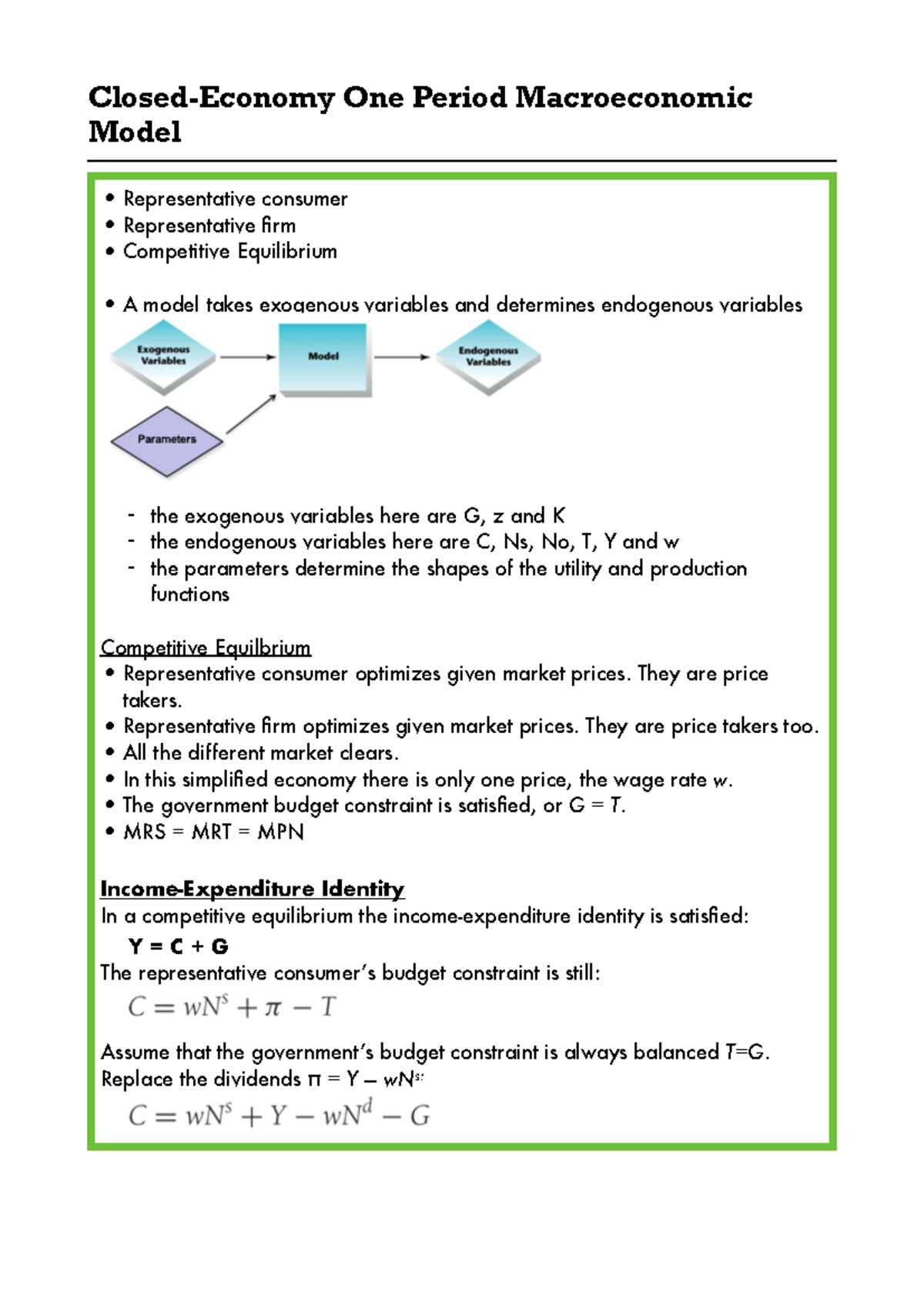Closed-Econ One-Period Macro Model: Rep Consumer & Firm Analysis - Studocu