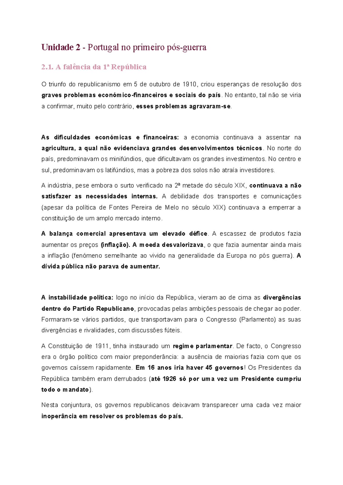 Unidade 2 - Portugal no Primeiro Pós-Guerra: Crise da 1ª República ...
