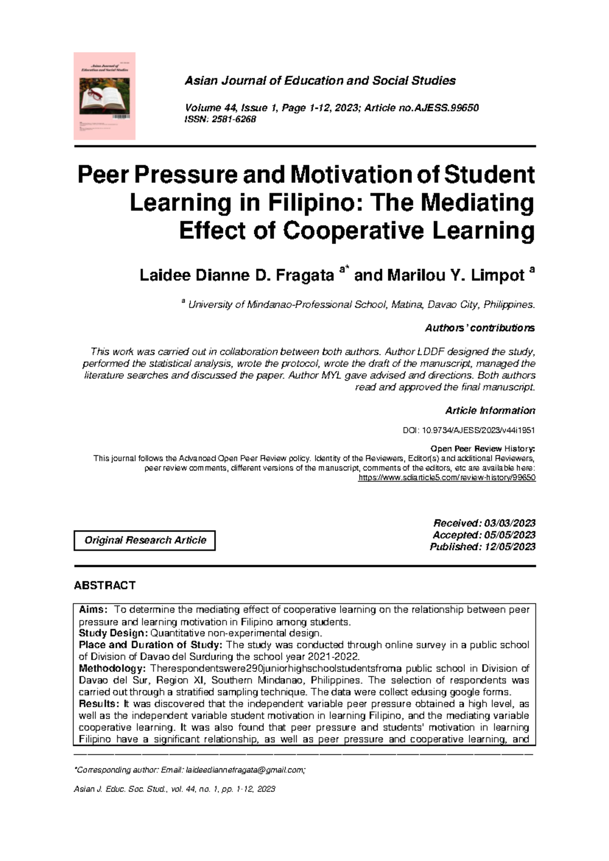 Peer Pressure and Motivation in Learning Filipino: The Role of ...