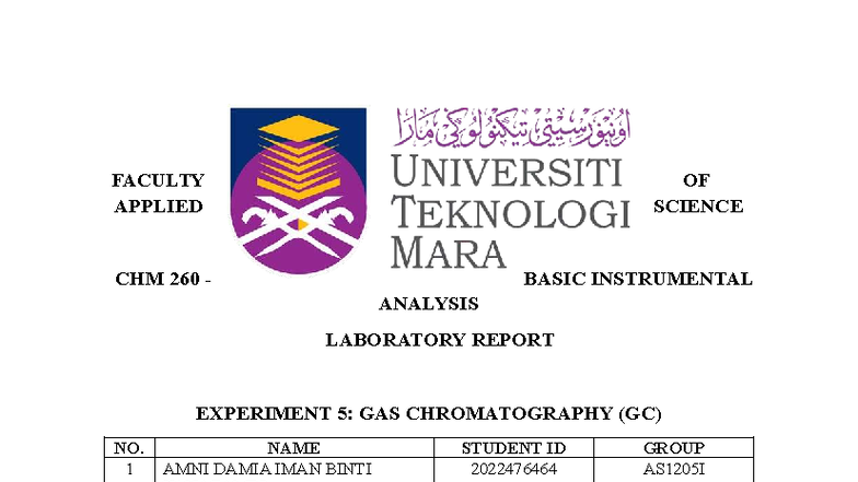 CHM260 EXP5 - Gas Chromatography Laboratory Report - Studocu