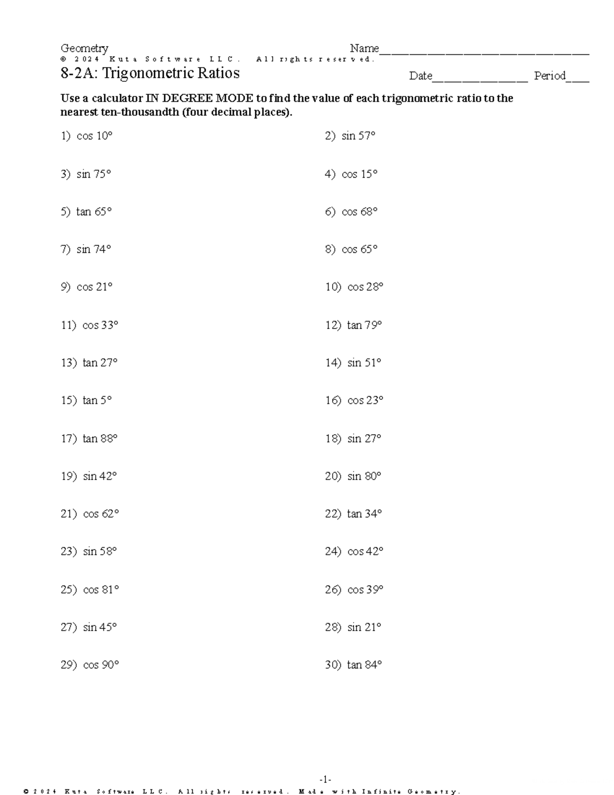 8-2A Trigonometric Ratios Worksheet: Calculator Use in Degree Mode ...