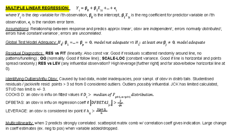 2025 STAT293 Final Exam Cheat Sheet: Multiple Linear Regression - Studocu
