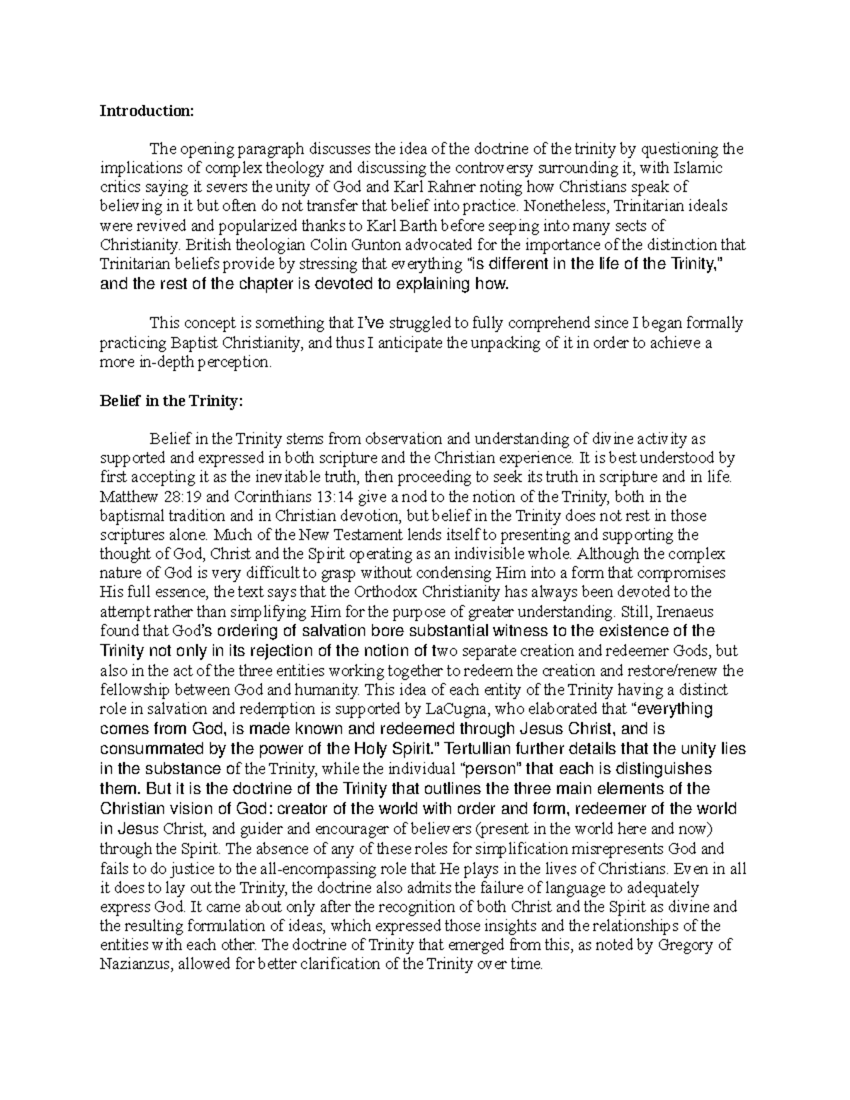 Trinity - Chapter Summary and Analysis on Theological Concepts - Studocu