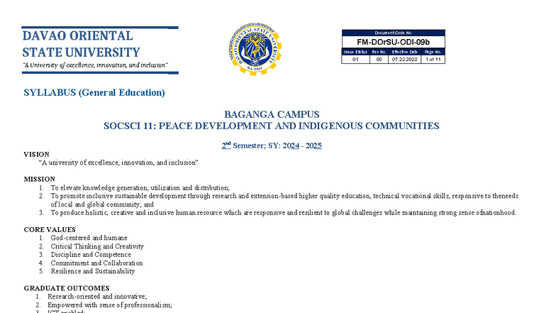 SOCSCI 11: Syllabus on Peace Development & Indigenous Communities - Studocu
