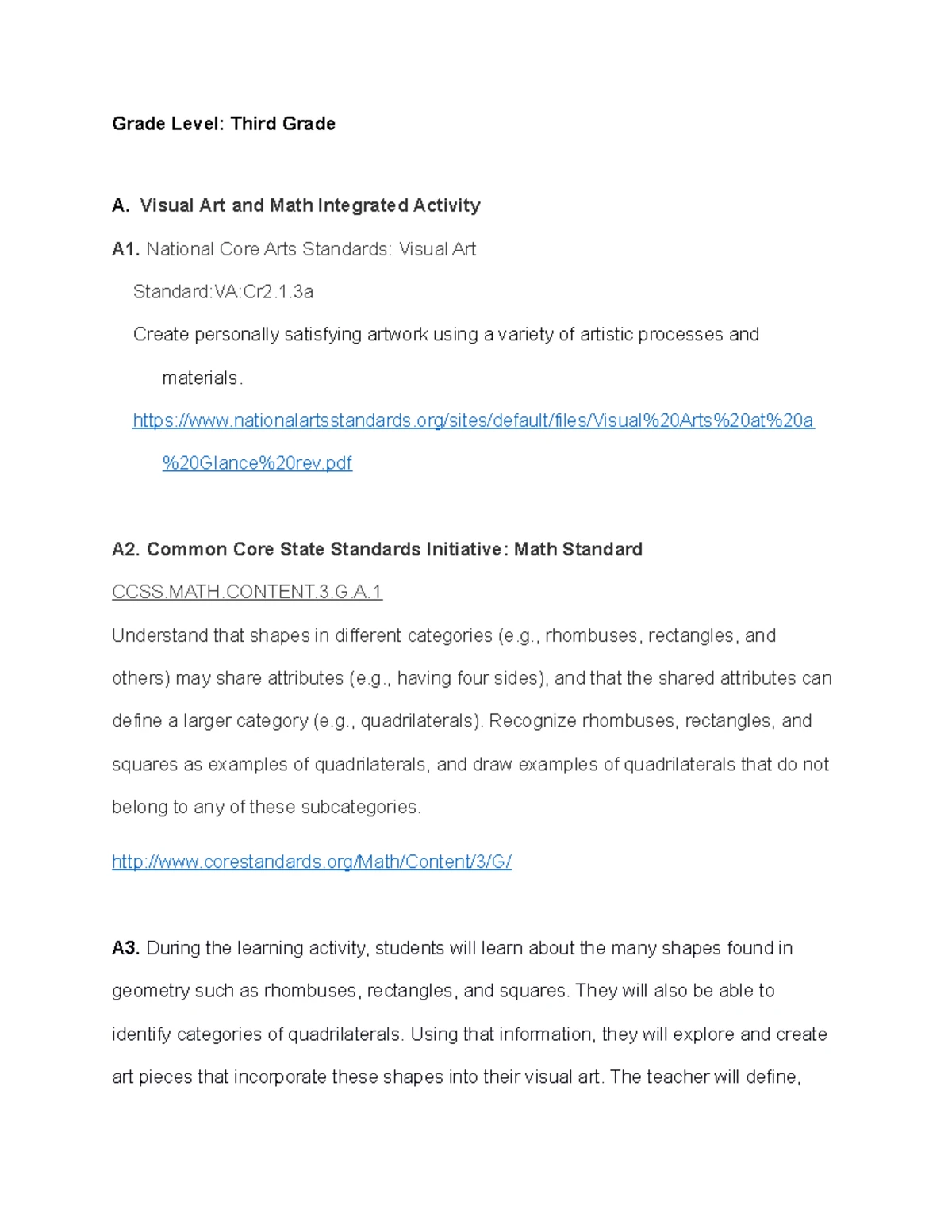 C105 Task 1 Elementary Visual and Performing Arts Methods - Grade Level ...