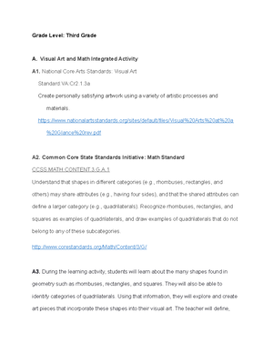 Visual Arts Task 1 - A. 1 st Grade Level/ Indiana State Standards VA ...
