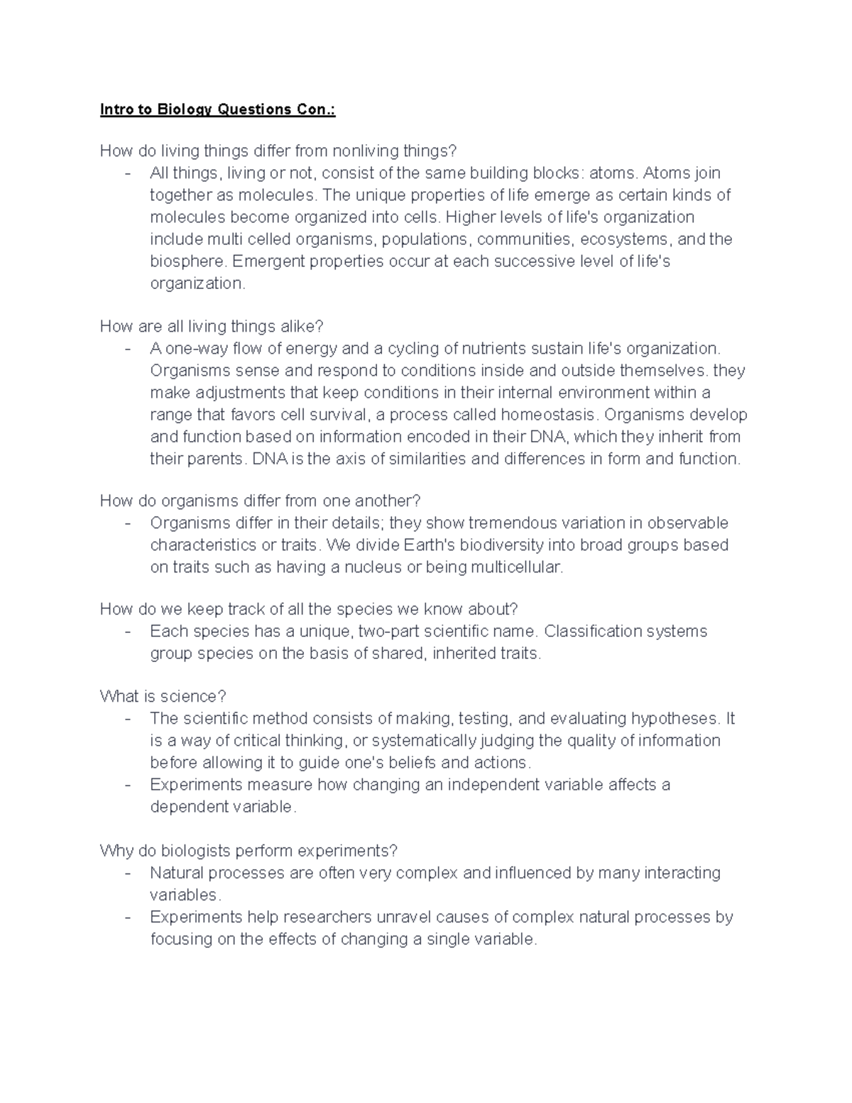 Intro to Biology - Key Definitions and Practice Questions - Studocu