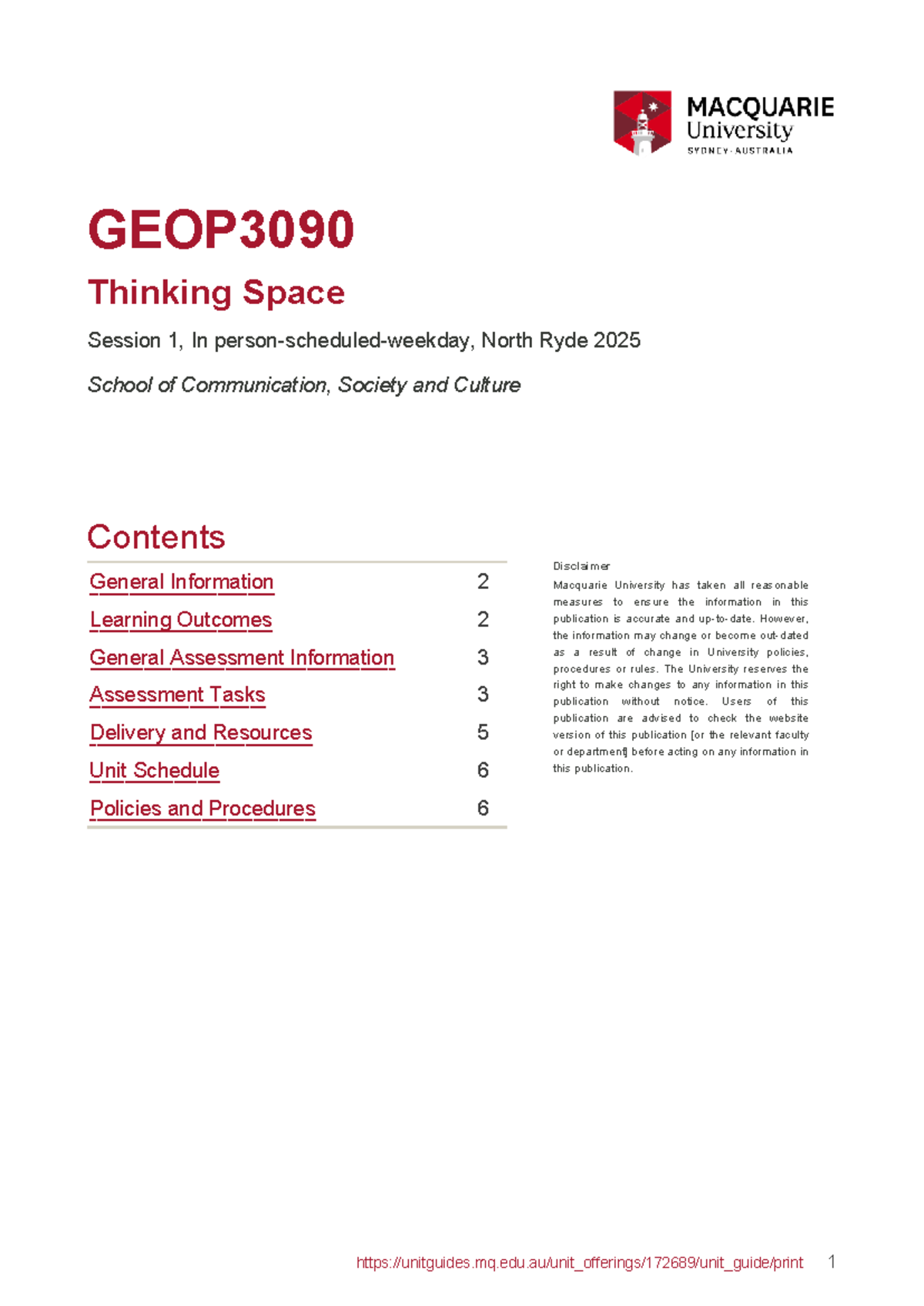 Unit Guide GEOP3090 Thinking Space - Session 1, North Ryde 2025 - Studocu