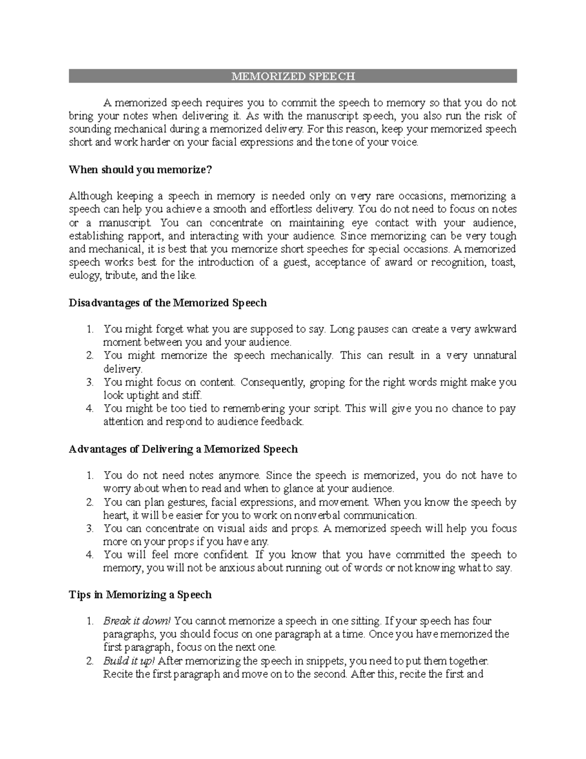 Lesson 2 - Tips for Delivering a Memorized Speech - Studocu