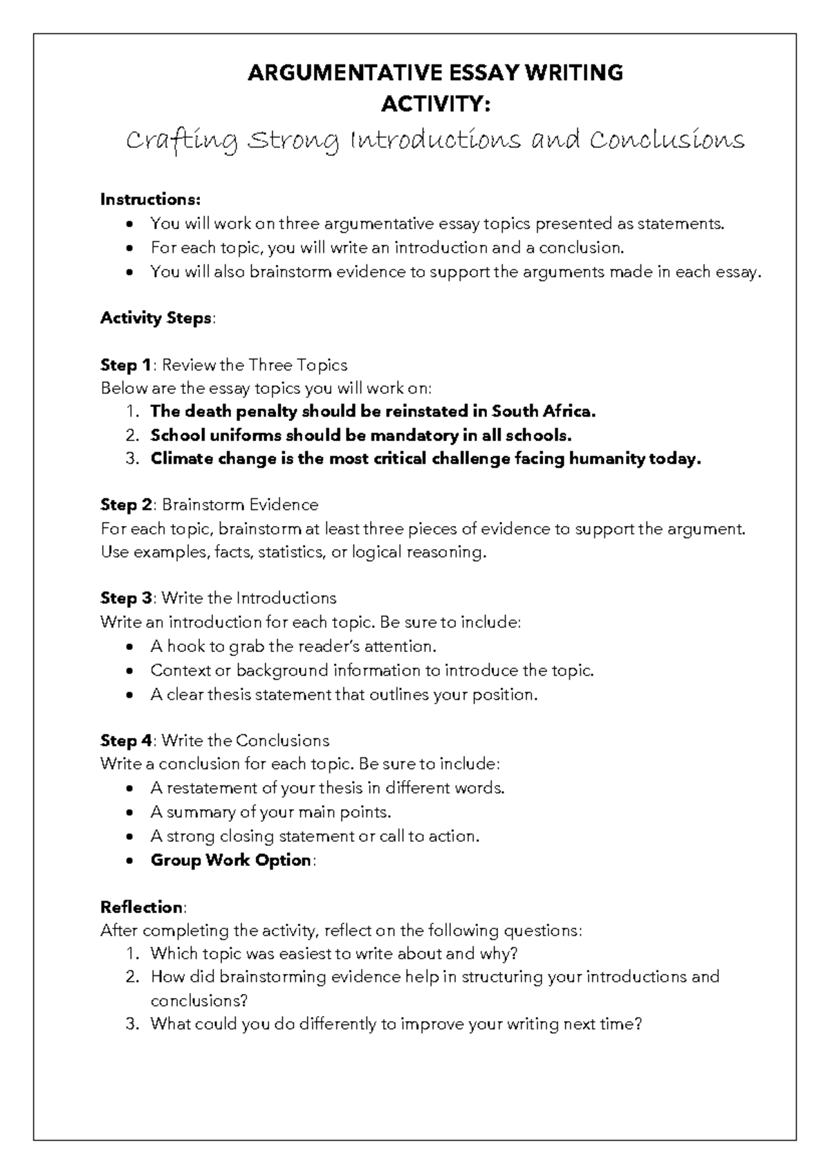 ARGUMENTATIVE ESSAY ACTIVITY: Crafting Intros & Conclusions - Studocu