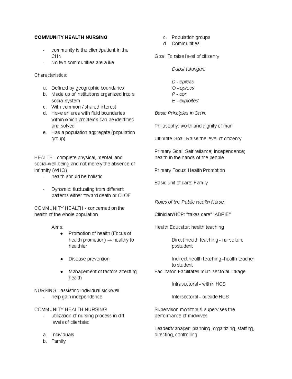 CHN 101: Community Health Nursing Notes and Key Concepts - Studocu