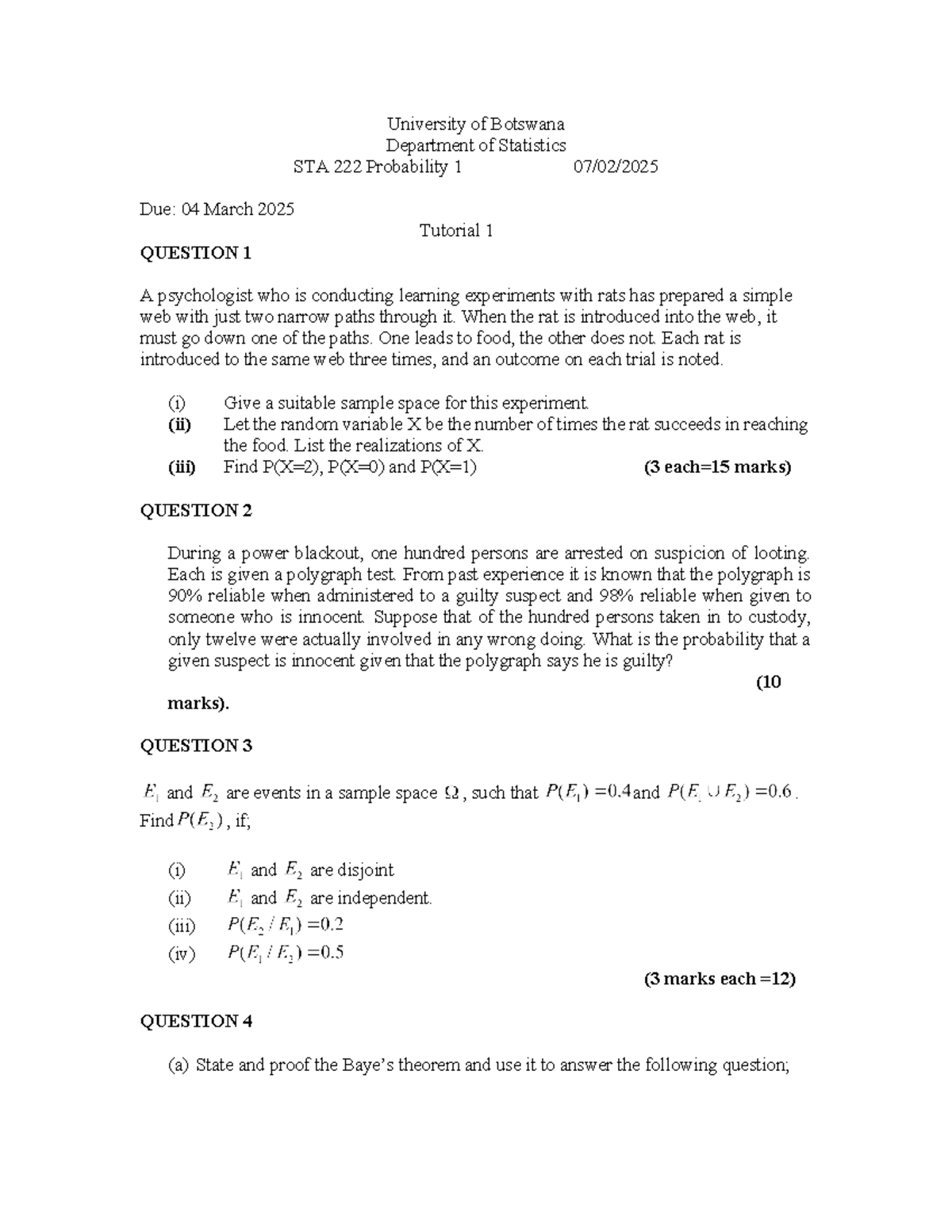 STA 222 Assignment: Probability Concepts and Applications - Studocu