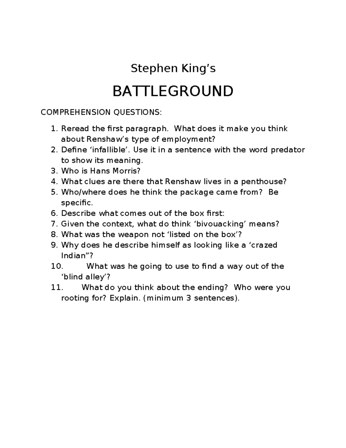 Stephen King's BATTLEGROUND: Comprehension Questions & Analysis - Studocu