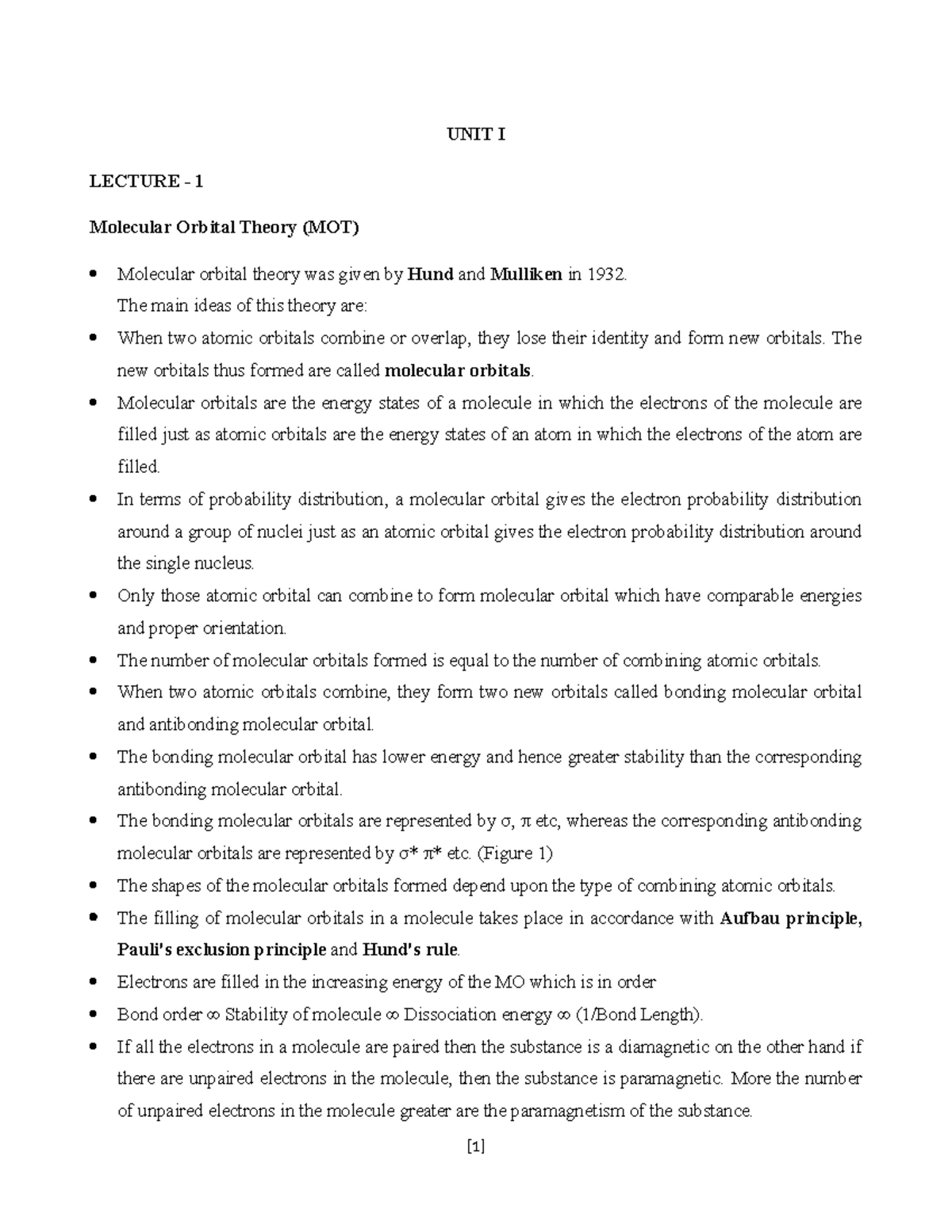 Chemistry Notes Btech 1 Year - UNIT I LECTURE - 1 Molecular Orbital ...