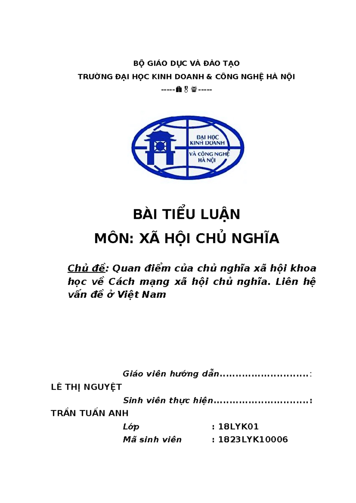 Tiểu luận môn Xã hội chủ nghĩa: Quan điểm và thực tiễn tại VN - Studocu