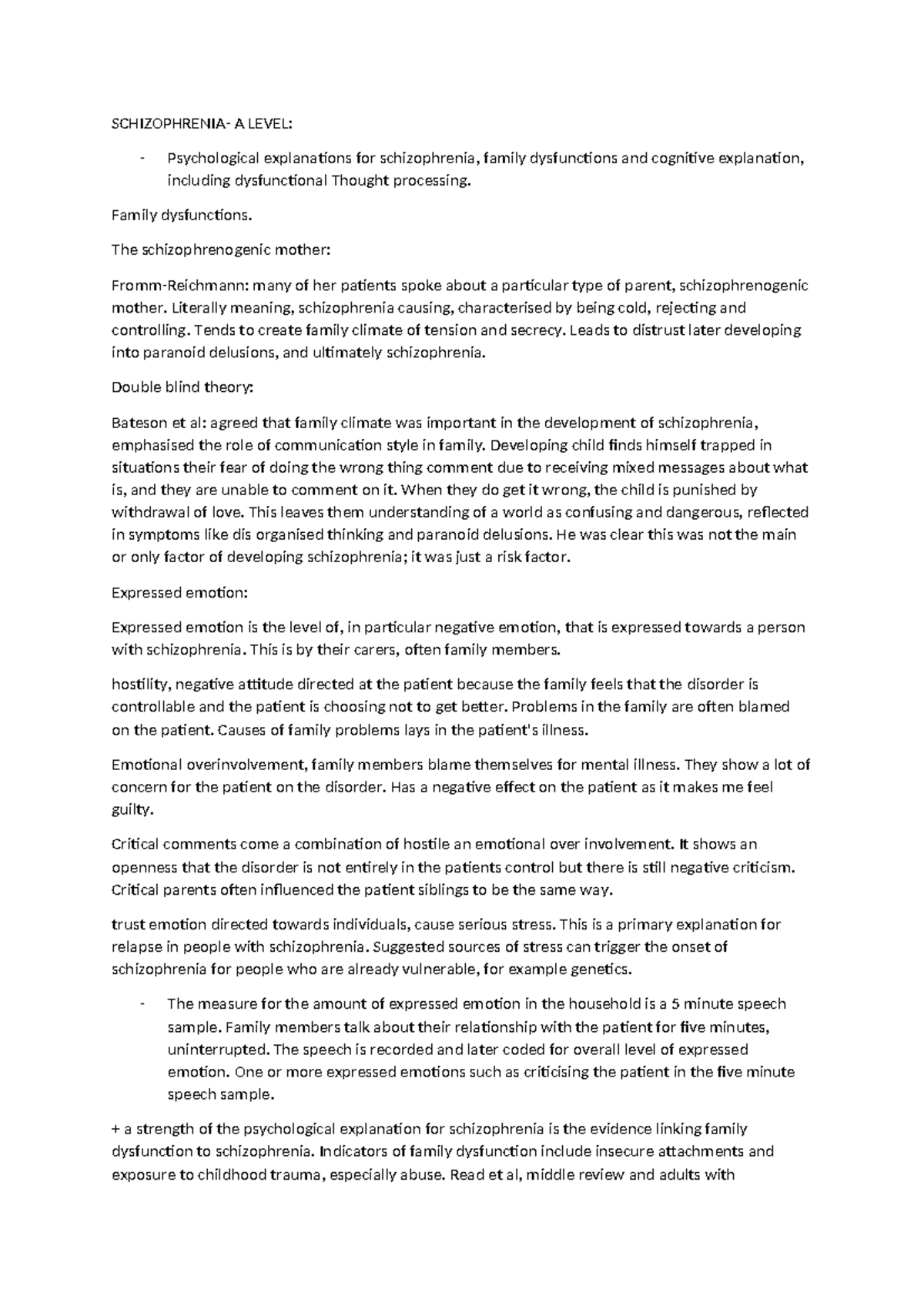 AQA Psychology A Level Lecture Notes on Schizophrenia and Explanations ...