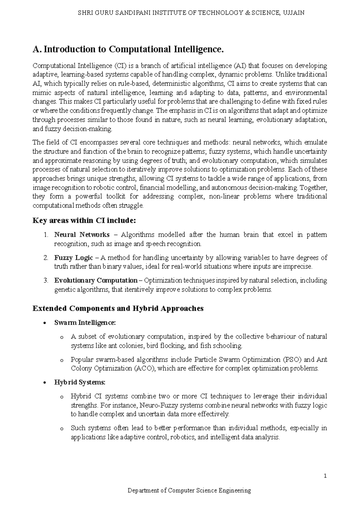 Computational intelligence overview and applications in CSE 101 - Studocu