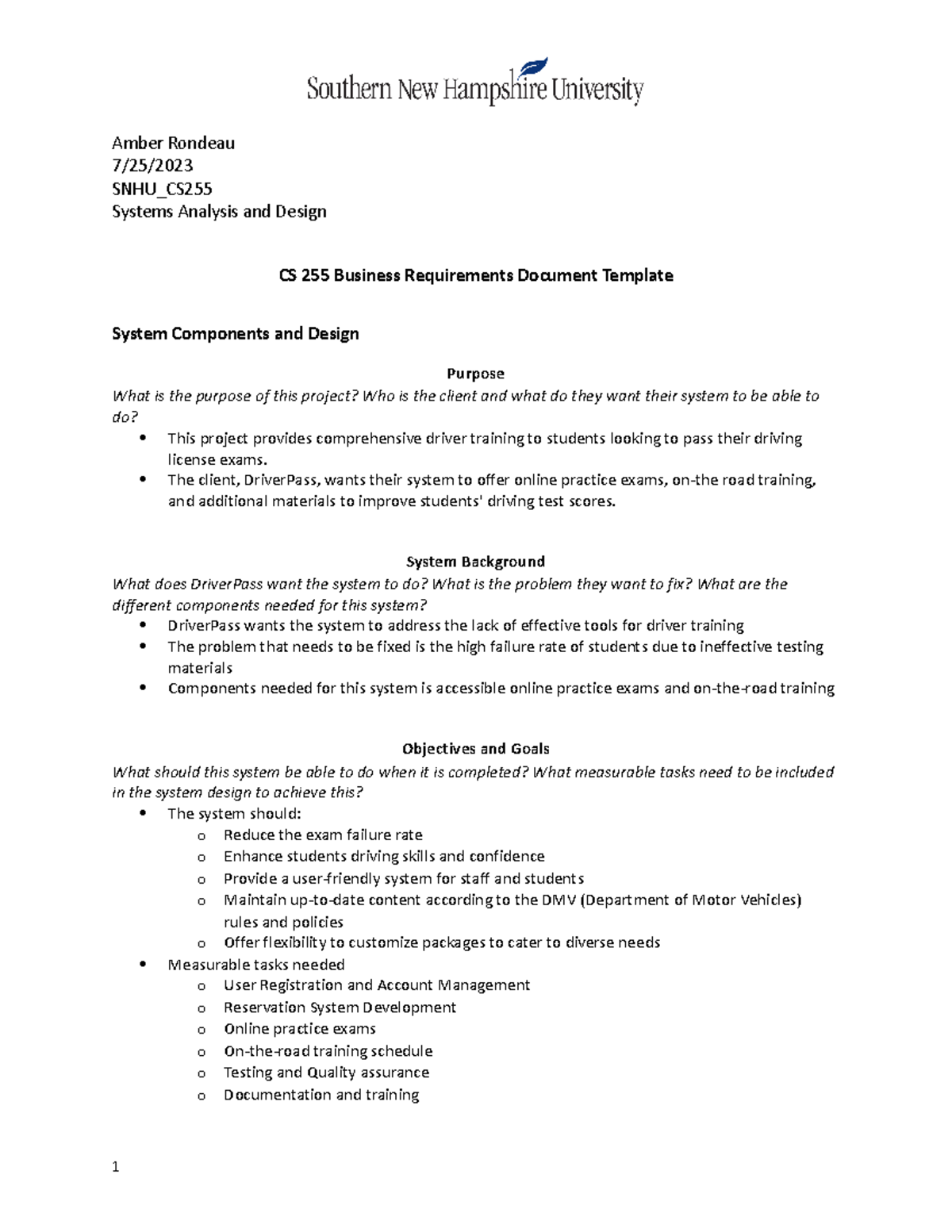 CS255 Project One: Business Requirements for DriverPass System - Studocu