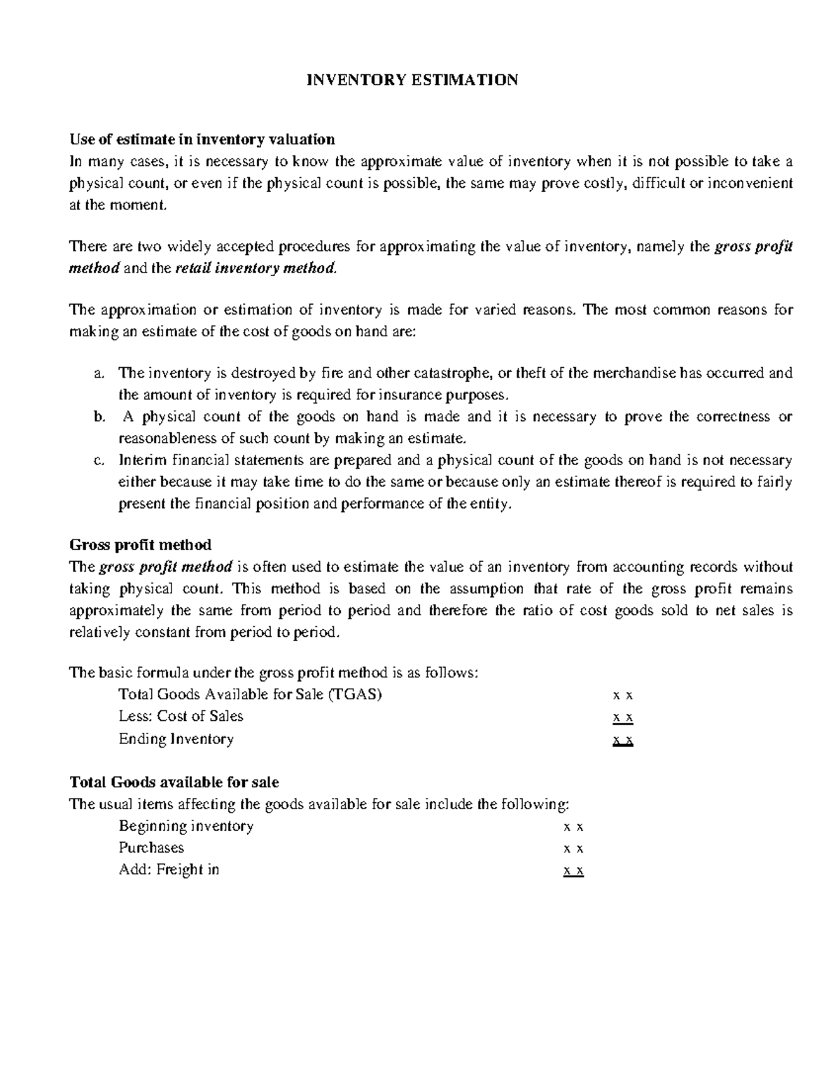 Inventory Estimation - INVENTORY ESTIMATION Use of estimate in ...