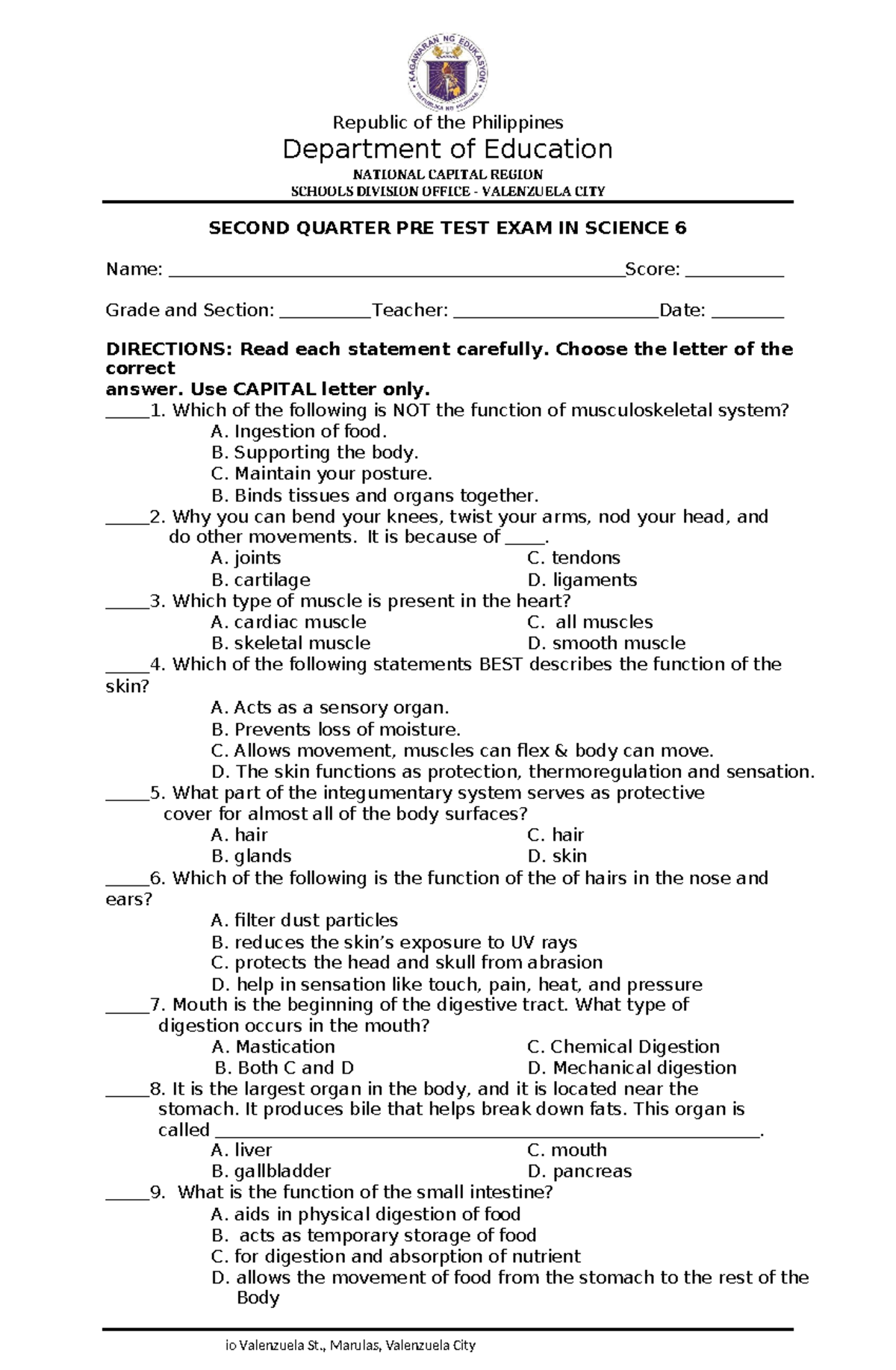 Q2 Pre-Test Exam in Science 6 (SY 2024-2025) - Studocu