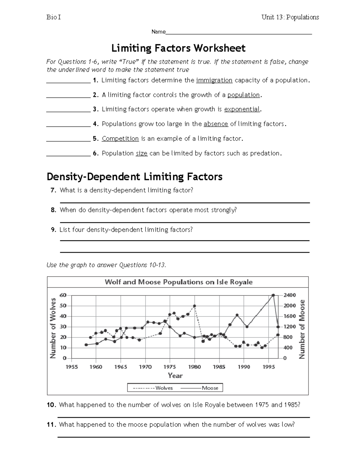 Bio I Unit 13: Limiting Factors Worksheet and Analysis - Studocu