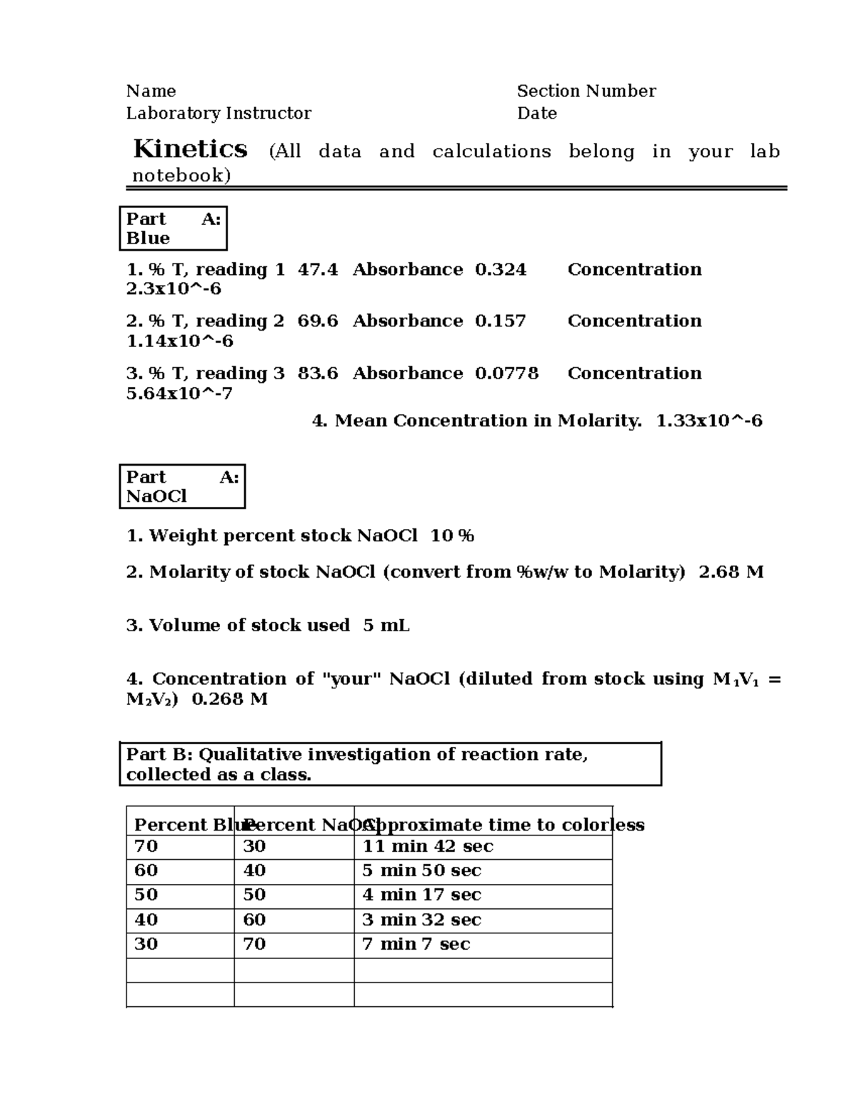 04.Kinetics Report Sheet-1 - Name Section Number Laboratory Instructor ...