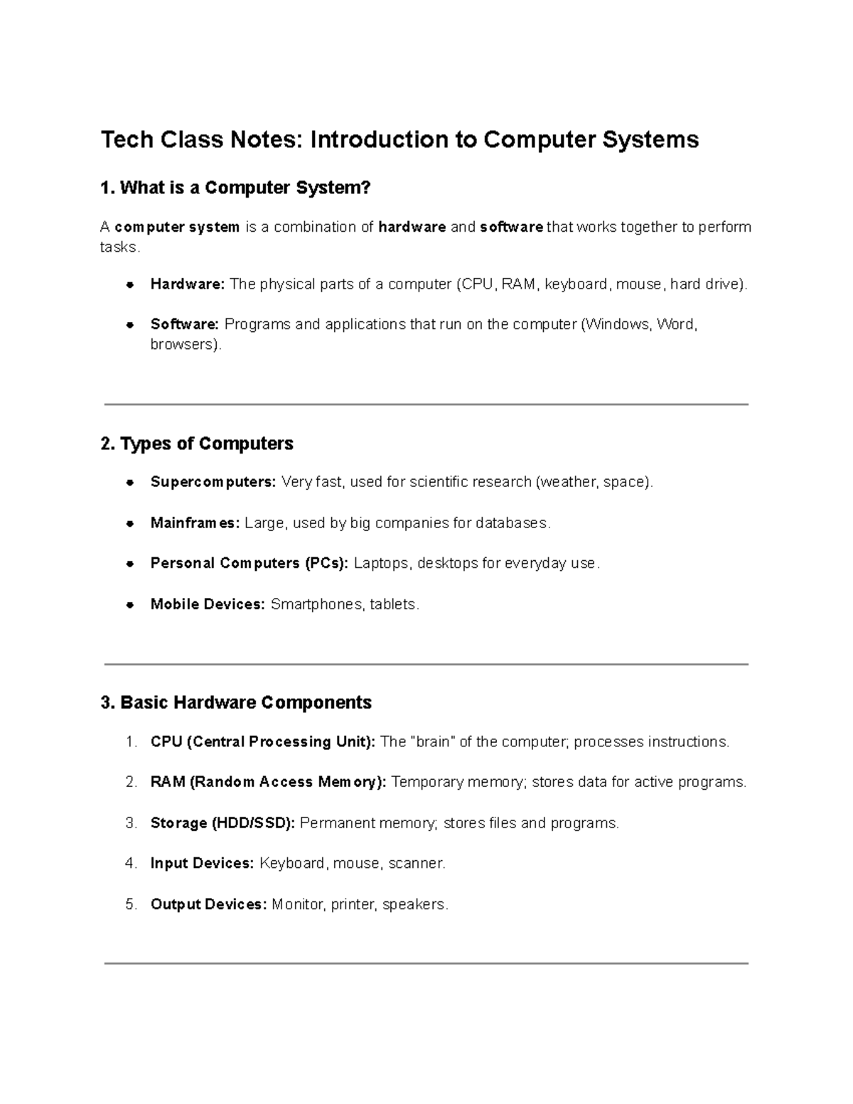Tech Class Notes: Intro to Computer Systems and Components - Studocu