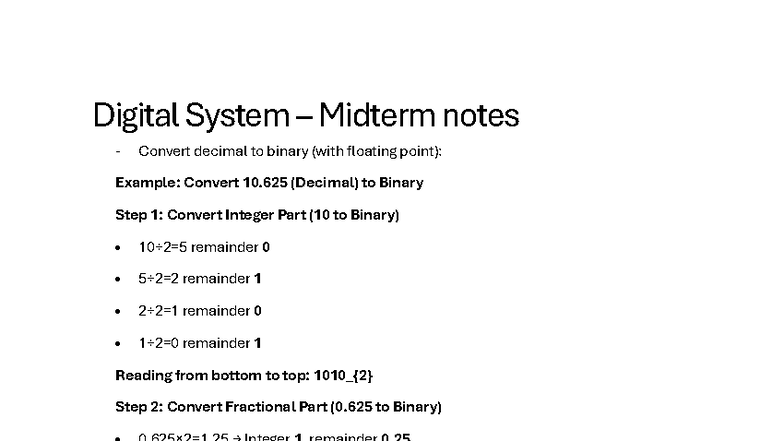 Digital System Midterm Notes: Decimal to Binary Conversion - Studocu