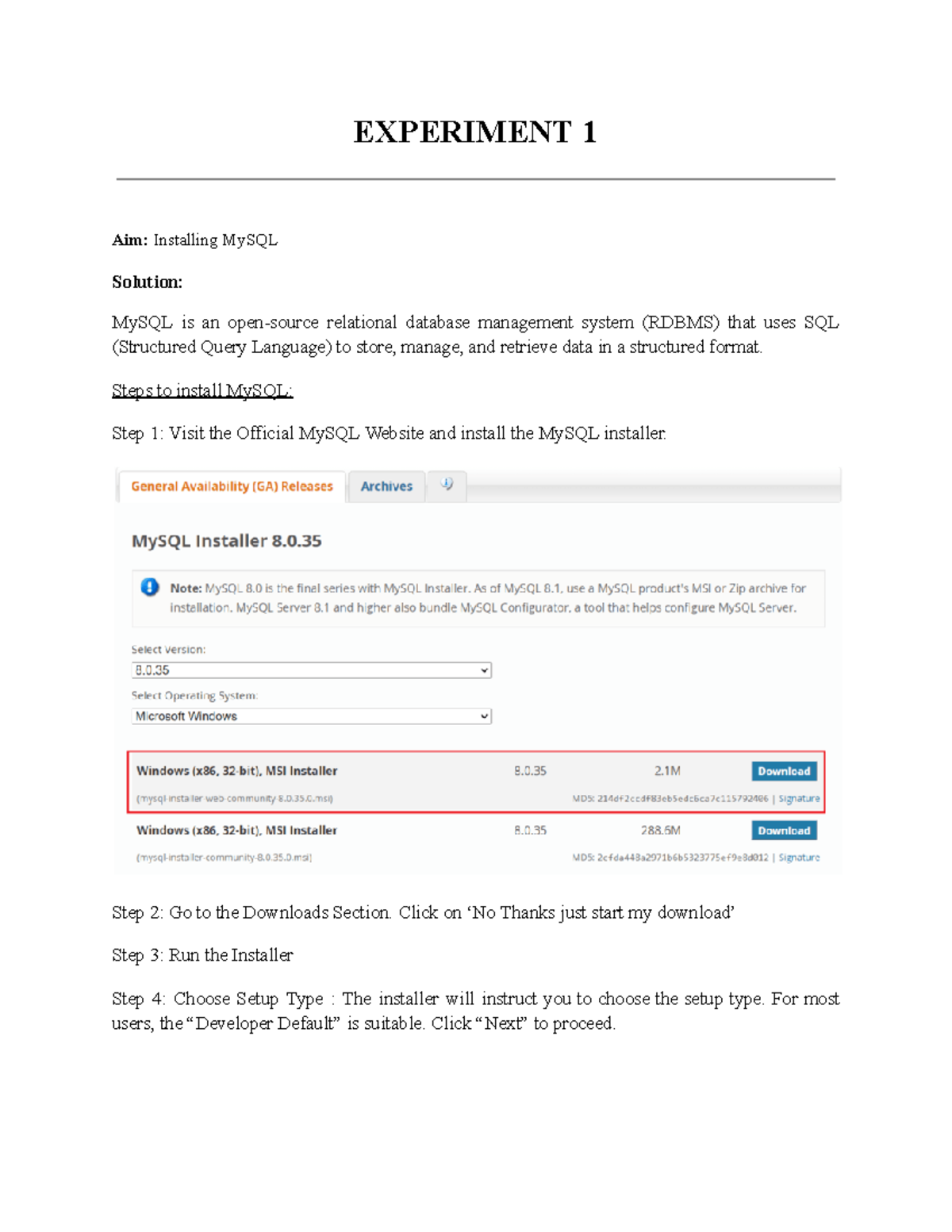 DBMS Exp 1,2 - Aktu DBMS Lab practical Experiment 1,2 - EXPERIMENT 1 Aim: Installing MySQL ...