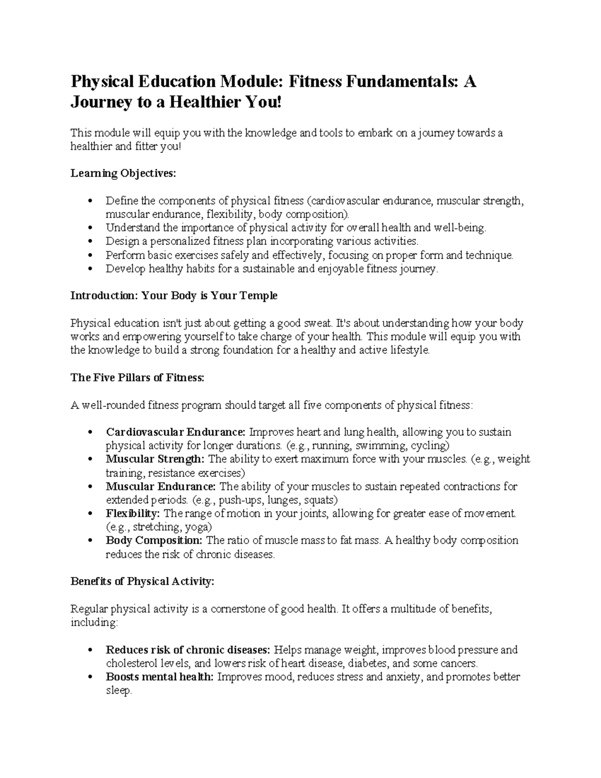 PE 1st Year - Fitness Fundamentals: Building a Healthier You! - Studocu