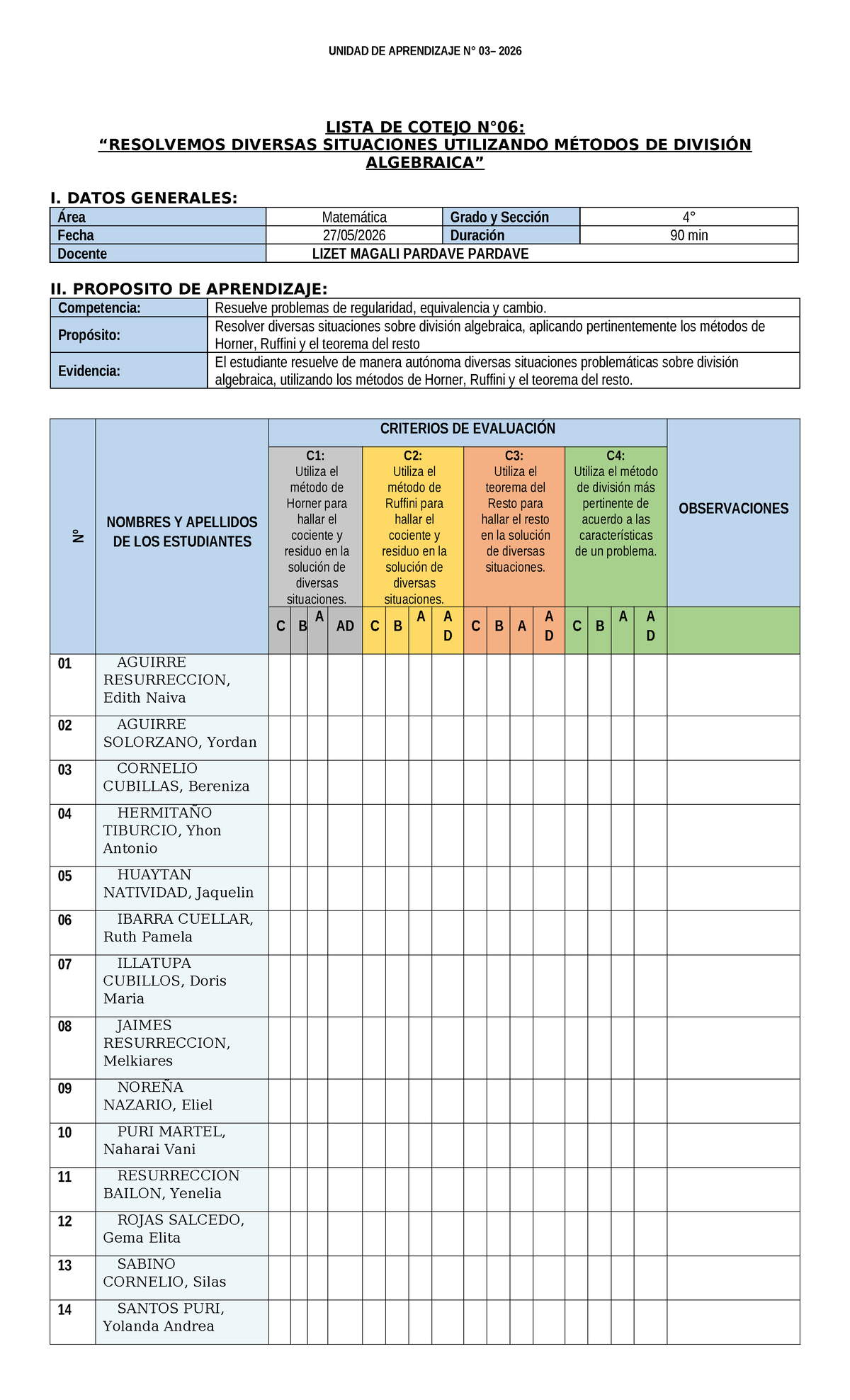 Lista de Cotejo - Métodos de División en Matemática 2026 - Studocu